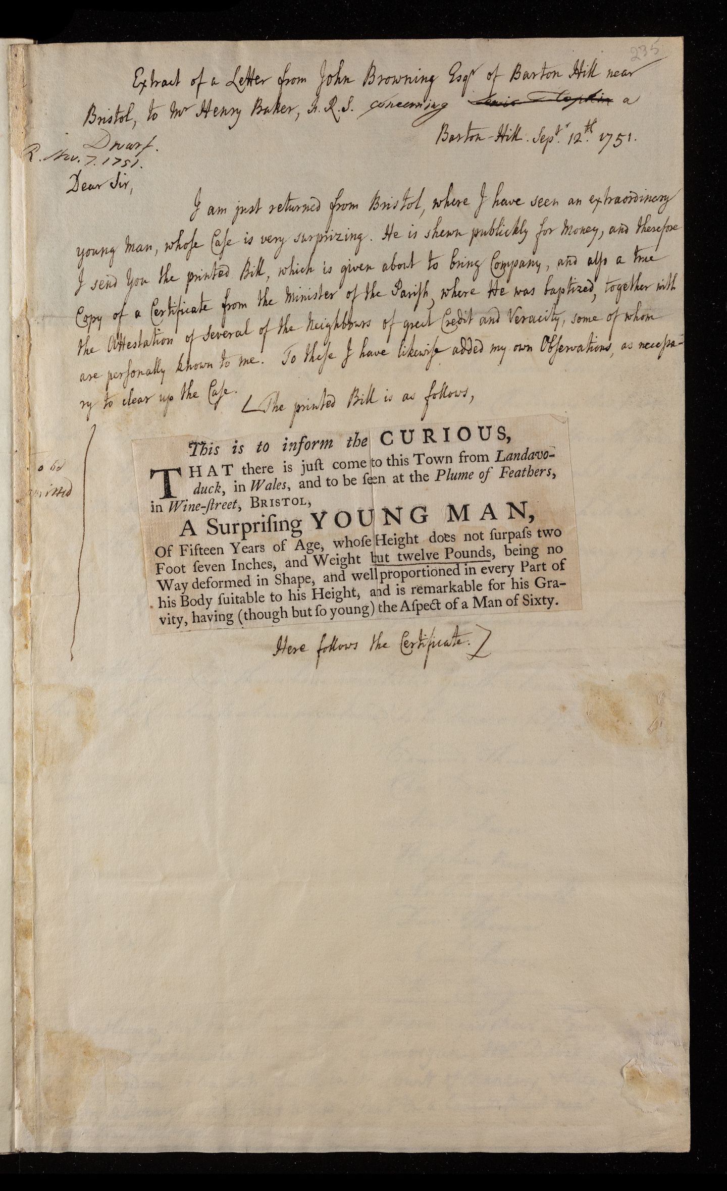 Letter, 'Of a dwarf' from John Browning to Henry Baker | The Royal ...