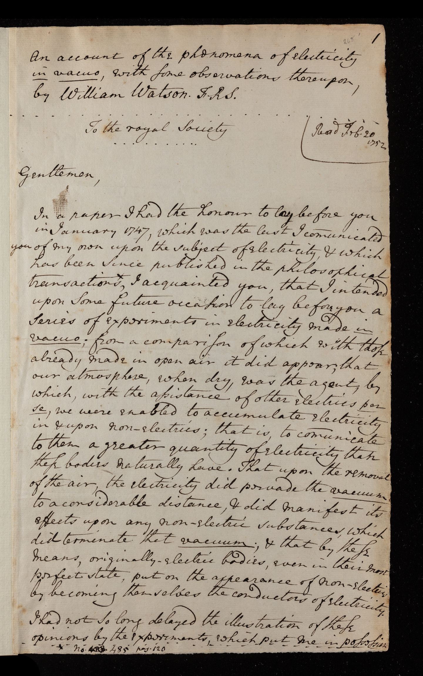 Letter, 'Of phenomena of electricty in vacuo' by William Watson | The ...