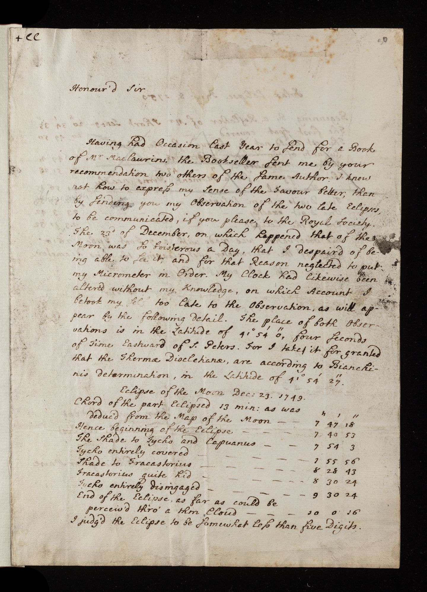 Letter, 'Lunar eclipse of 23 Dec 1749 and solar eclipse of 18 Jan 1750 ...