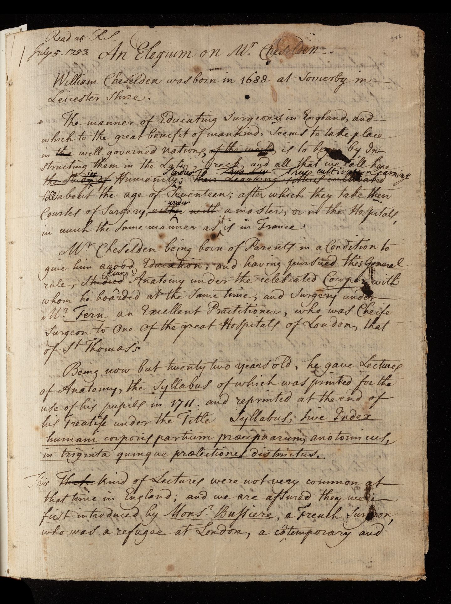 Paper, 'Elogium on William Cheselden' by Sauveur Francois Morand | The ...