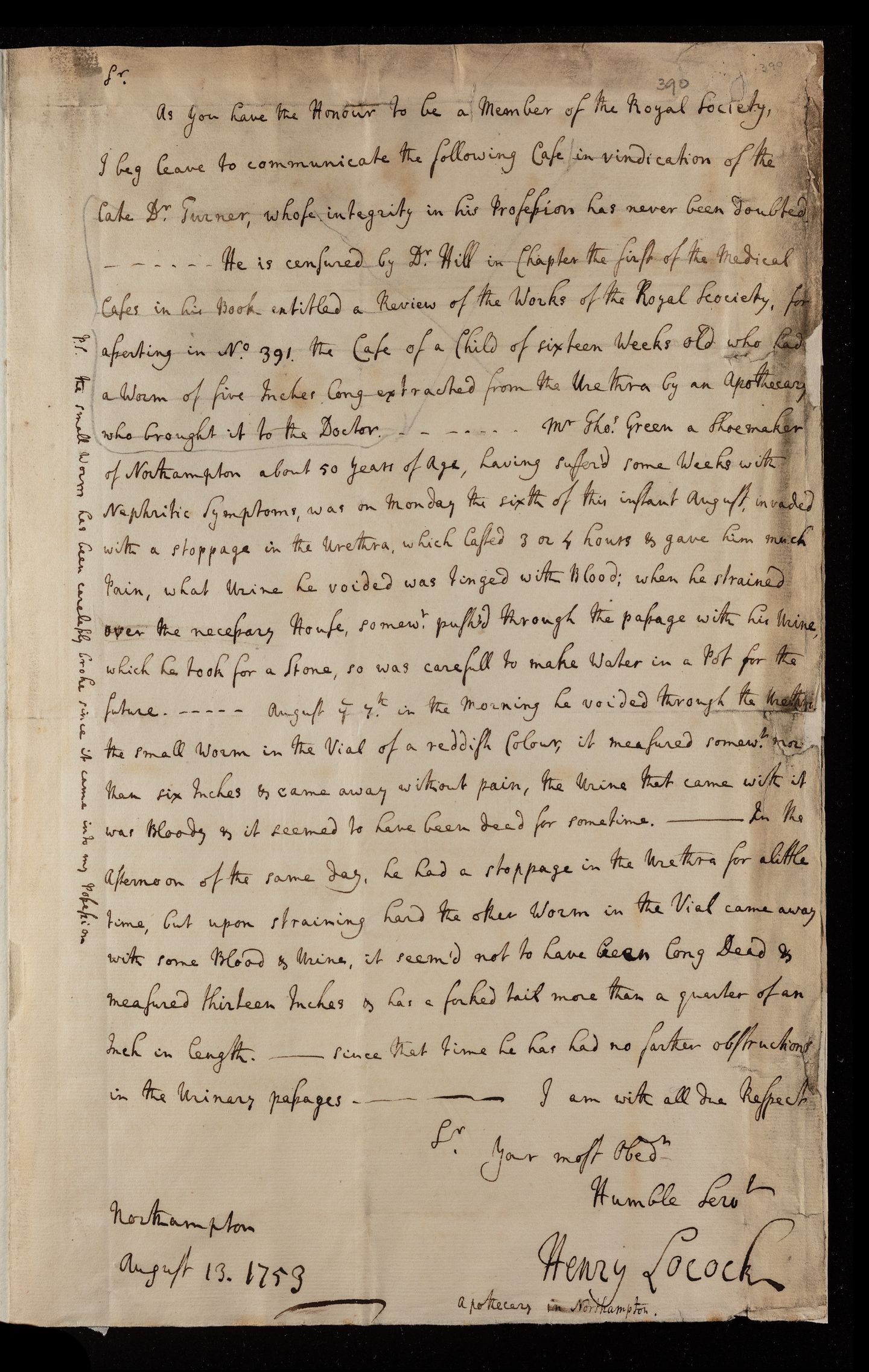 Letter, 'Of a surgical case (worms in the urethra)' from Henry Locock ...