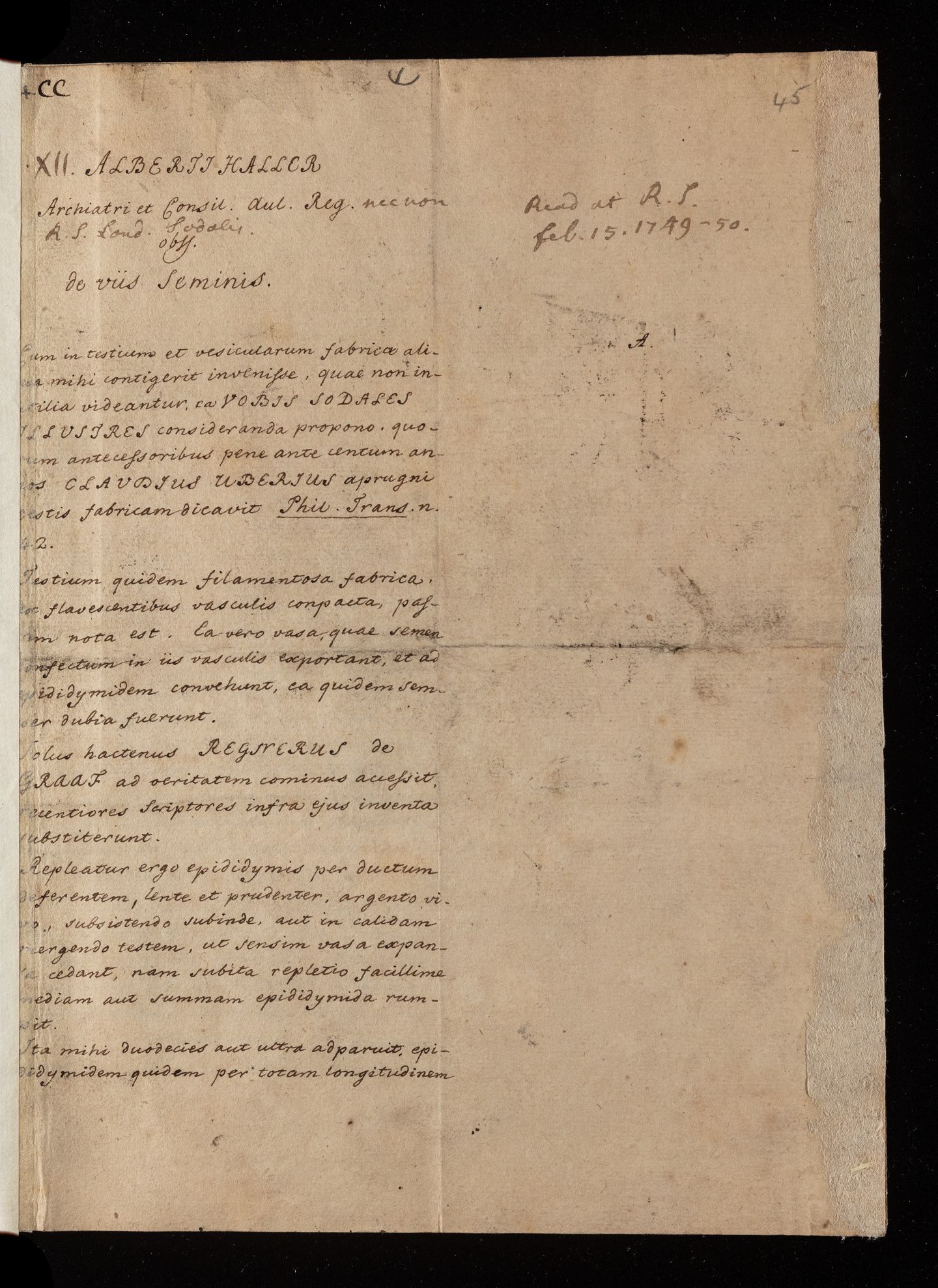 Paper, 'Of the seminal passage' [Latin original] by Albrecht Von Haller ...