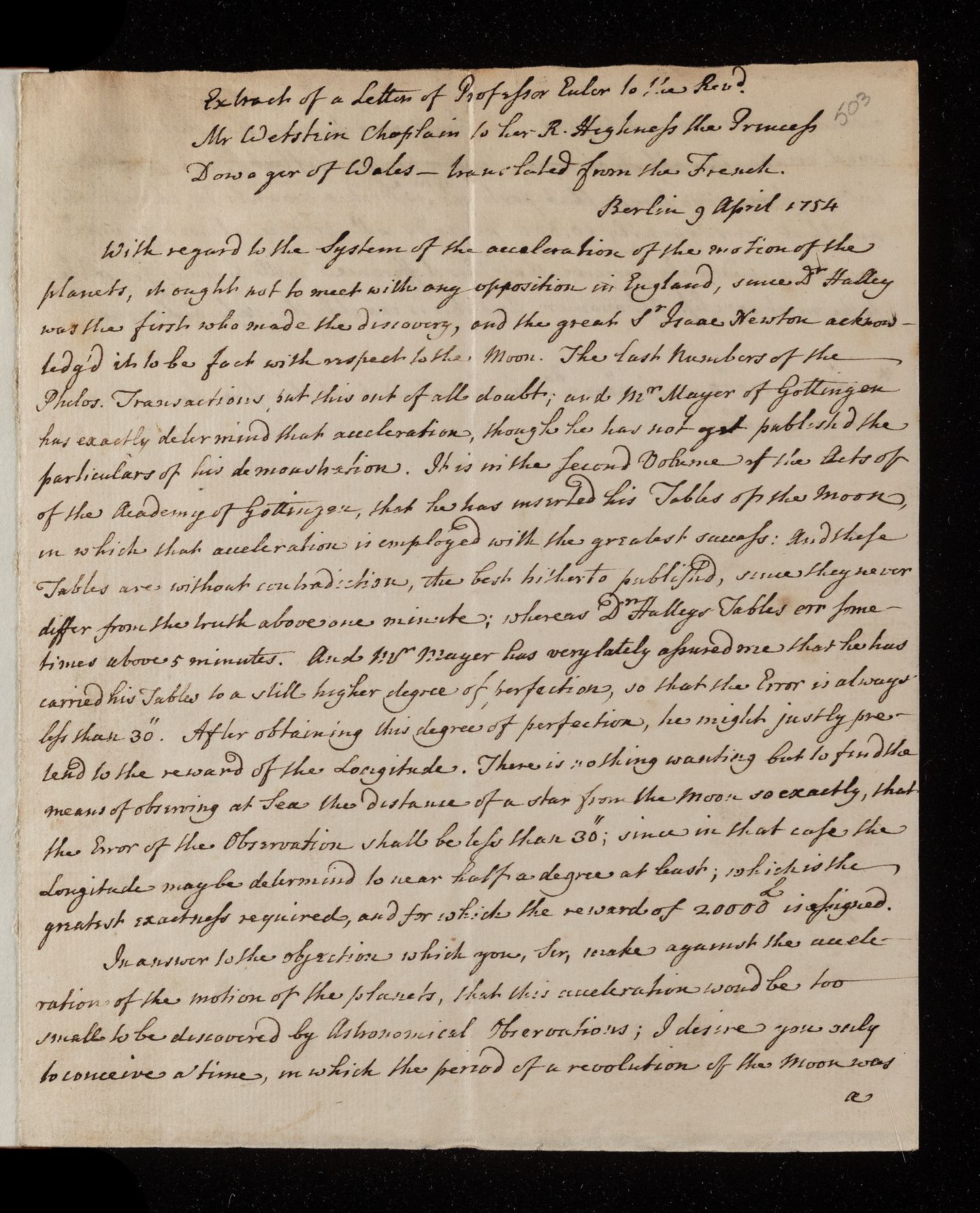 Letter, 'The acceleration of the motion of the planets' from Leonhard ...