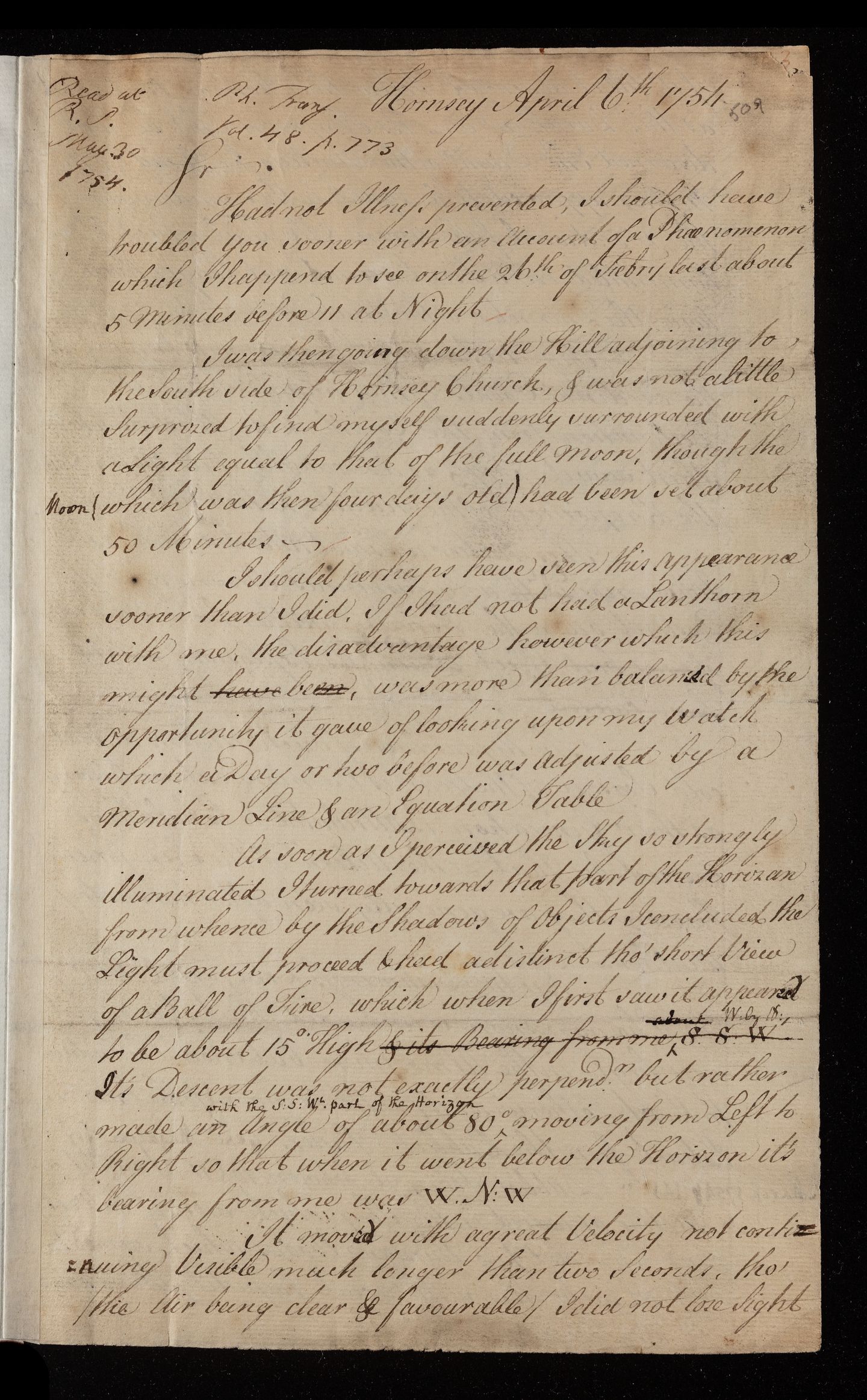 Letter, 'Account of a fireball' from William Hirst to Samuel Mead | The ...