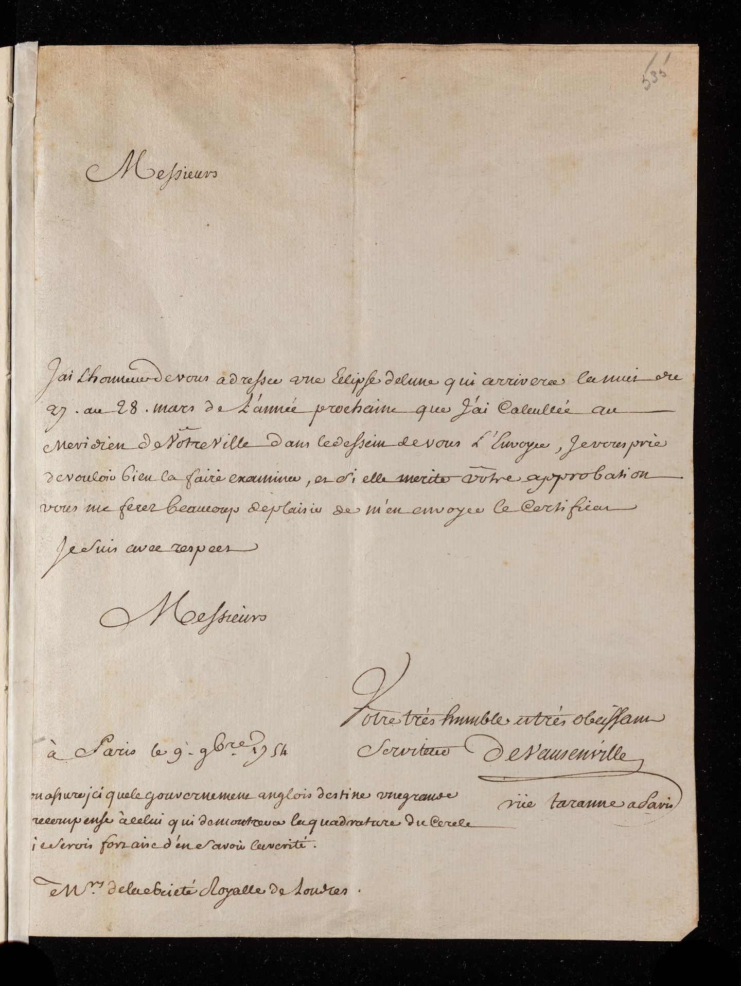 Letter A Calculation For The Lunar Eclipse Of 23 March 1755 In The Meridian Of London From De