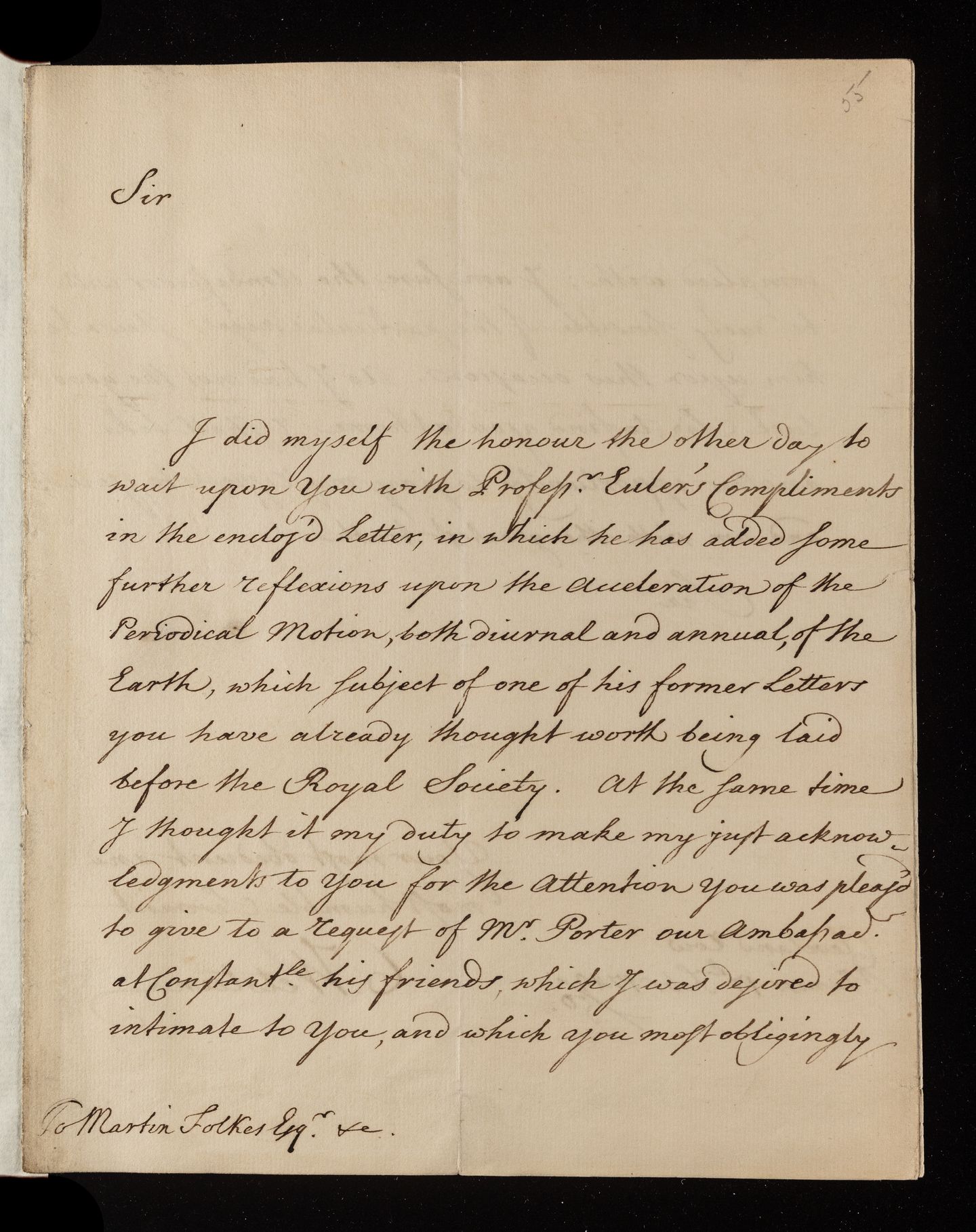 Letter, 'Of Euler's letter of the acceleration of the periodical motion ...