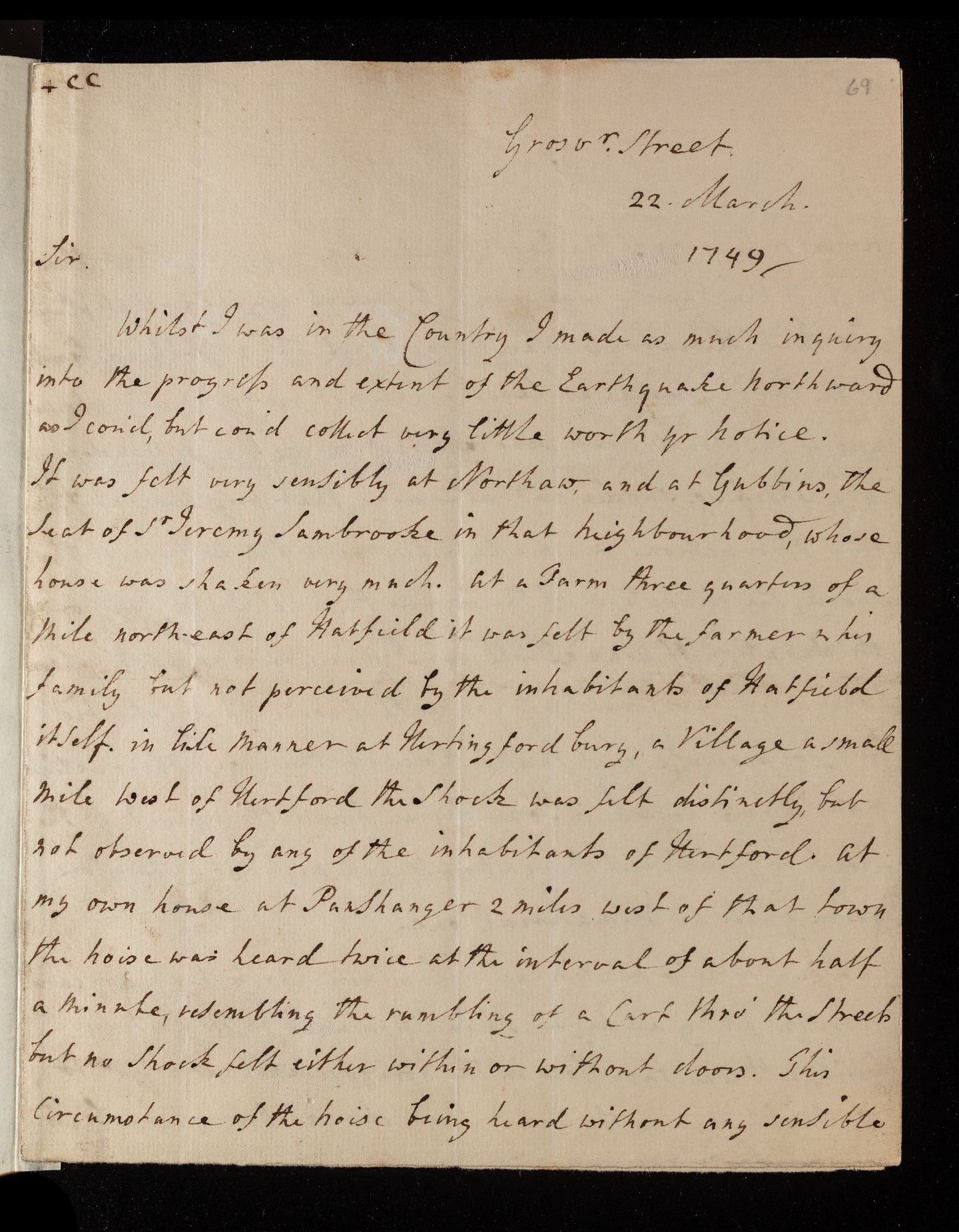 Letter, 'Of the earthquake' from William Cooper to the Royal Society ...