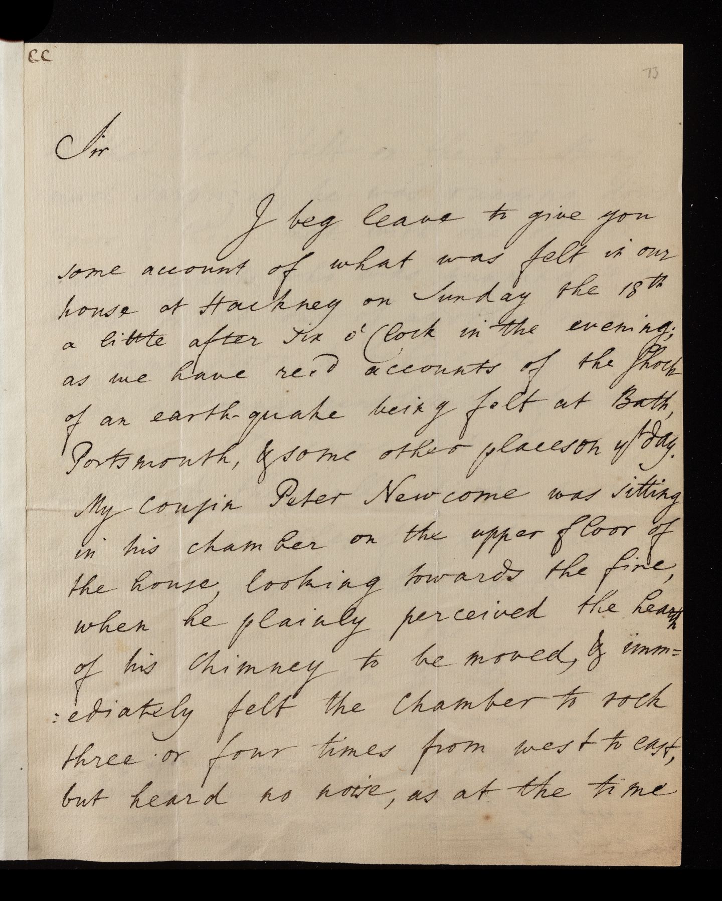 Letter, 'Of the earthquake shock of March 18' from Peter Newcombe to ...