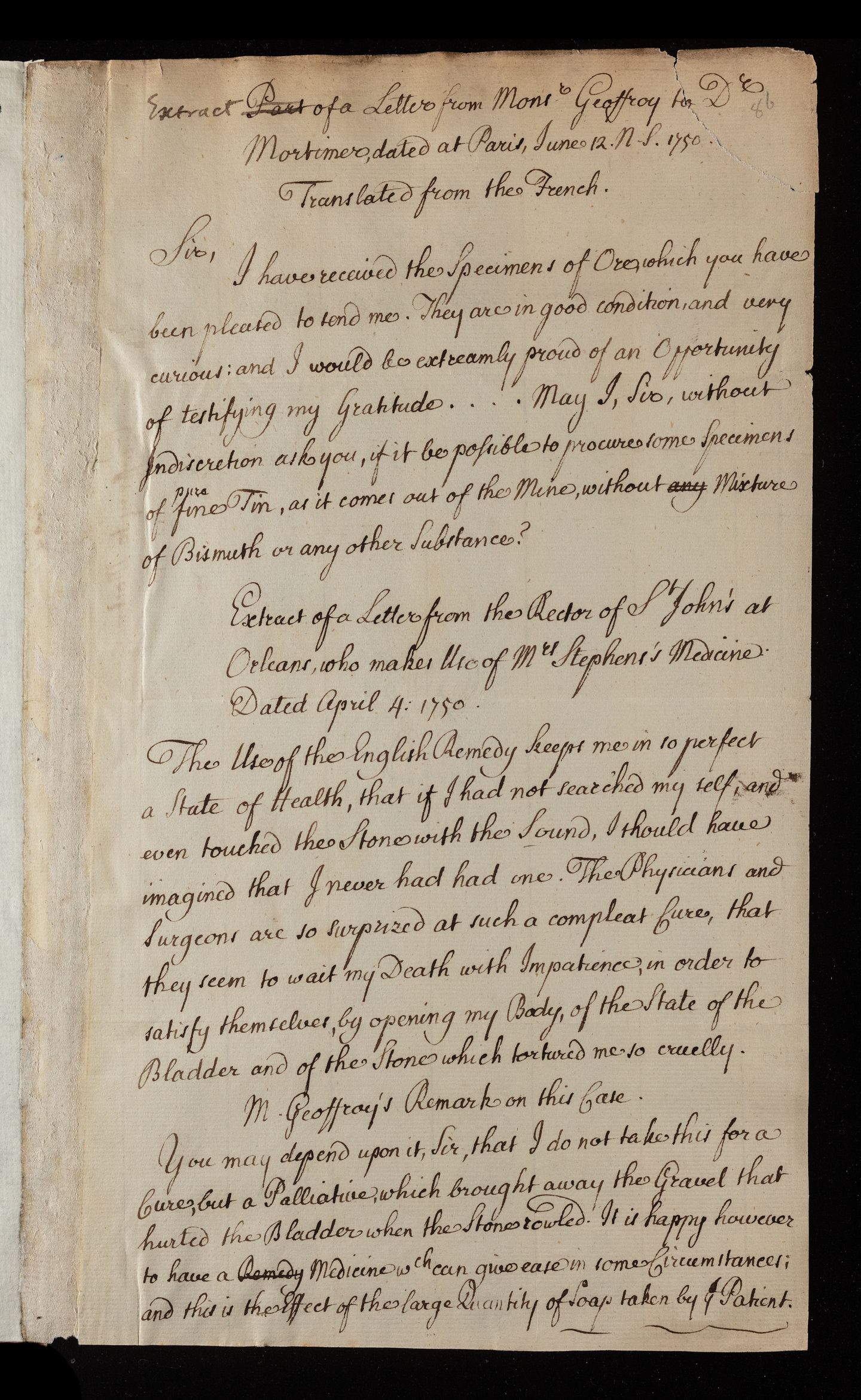 Letter, 'Of Mrs Stephens medicines' from Claude Joseph Geoffroy to ...