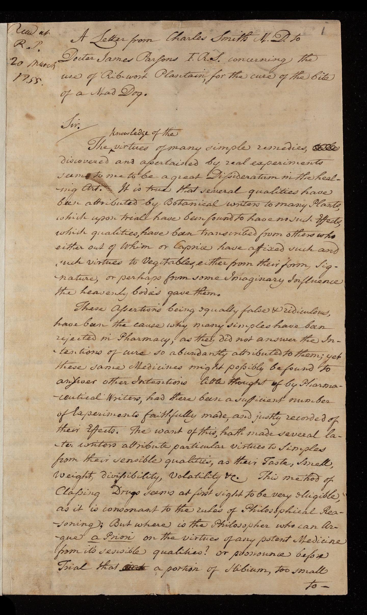 Letter, 'Of the use of Ribwort (plantain) for the cure of the bite of a ...