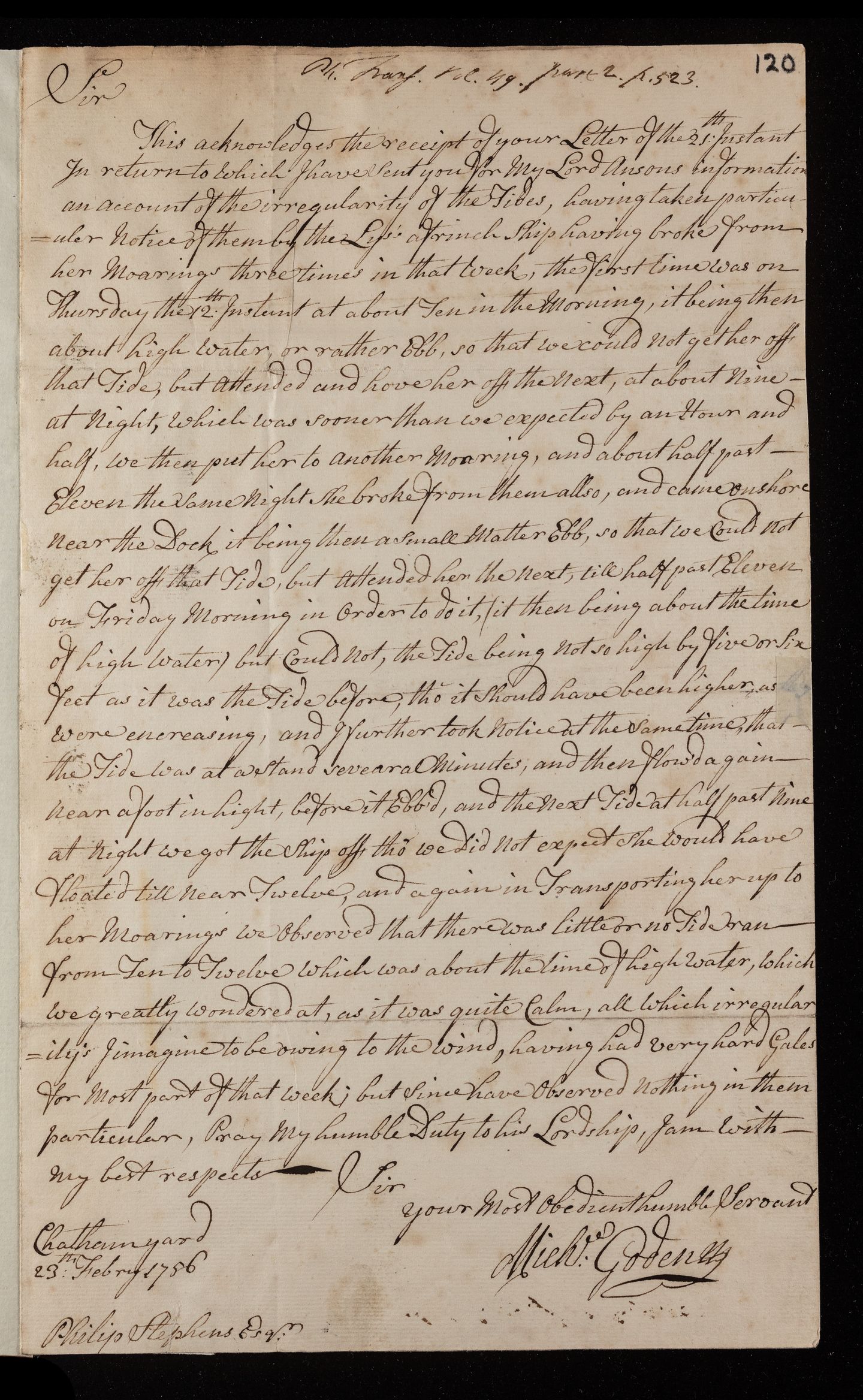 Letter, 'Of local tides in Chatham' from Michael Goden to the Royal ...