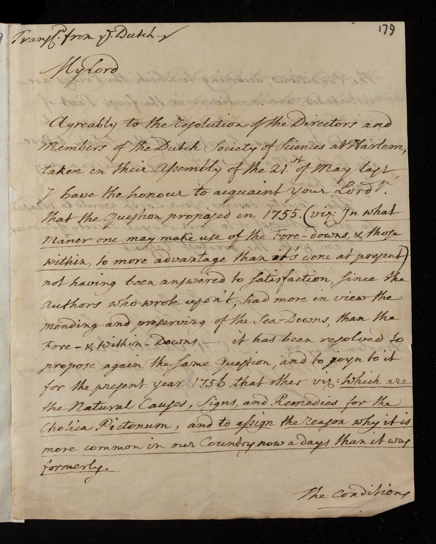 Letter, 'Of the use of the Downs' from C H van der A to George Parker ...