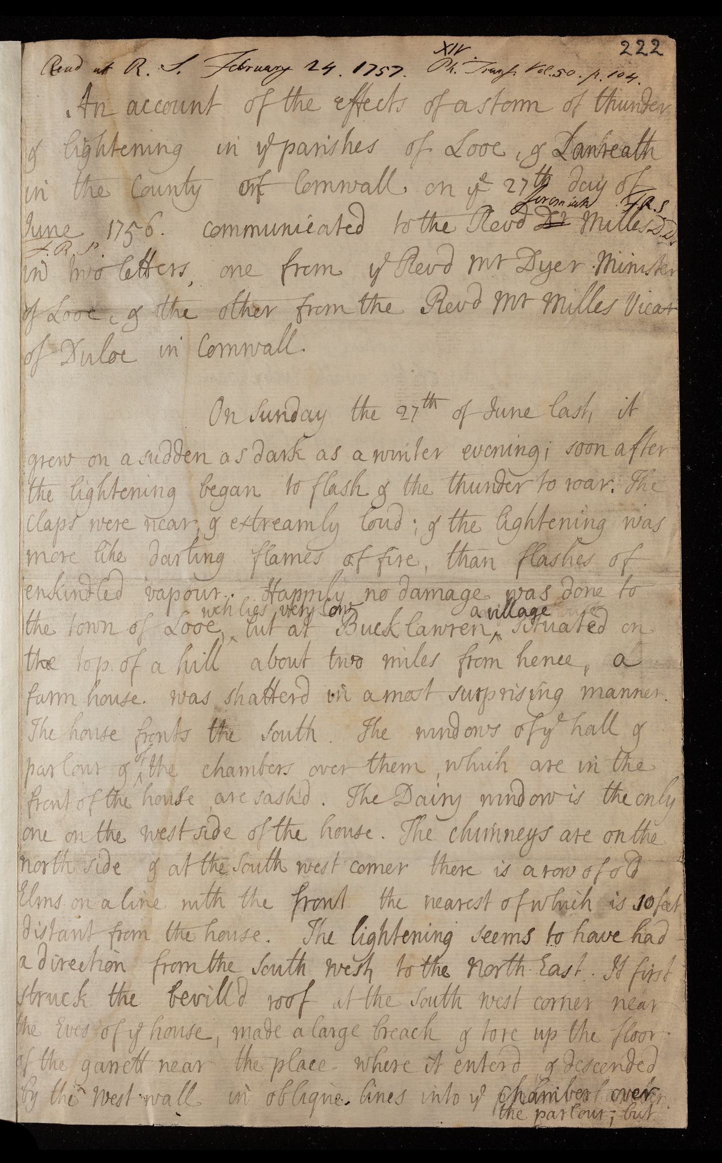 Letter, 'Effects of a thunderstorm at Looe and Lanreath, 27 June 1756 ...