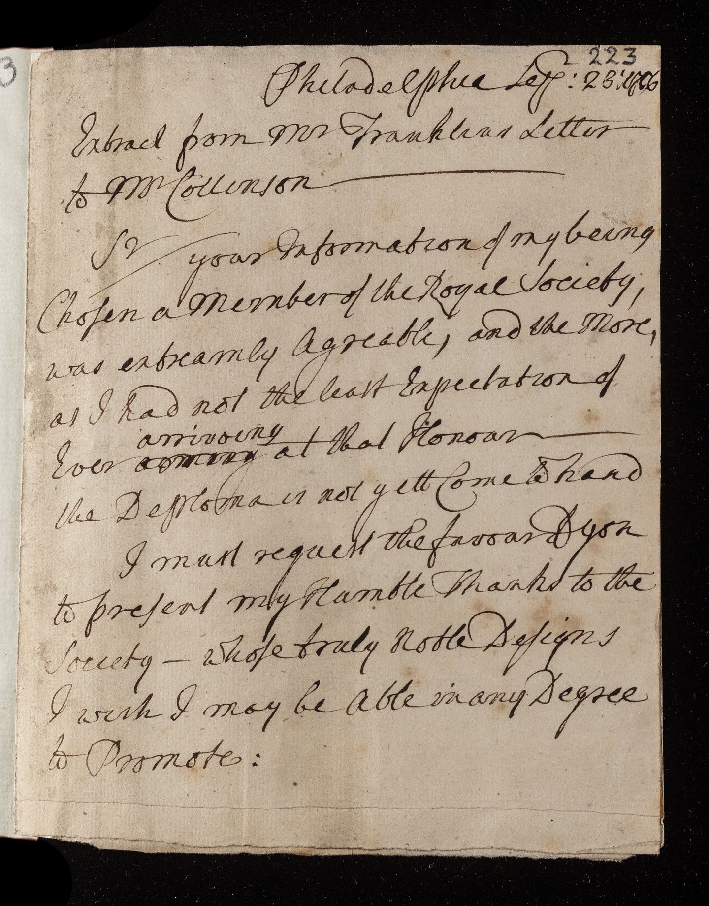 Letter, 'Extract of a letter sent from Philadelphia' from Benjamin Franklin to Peter Collinson ...