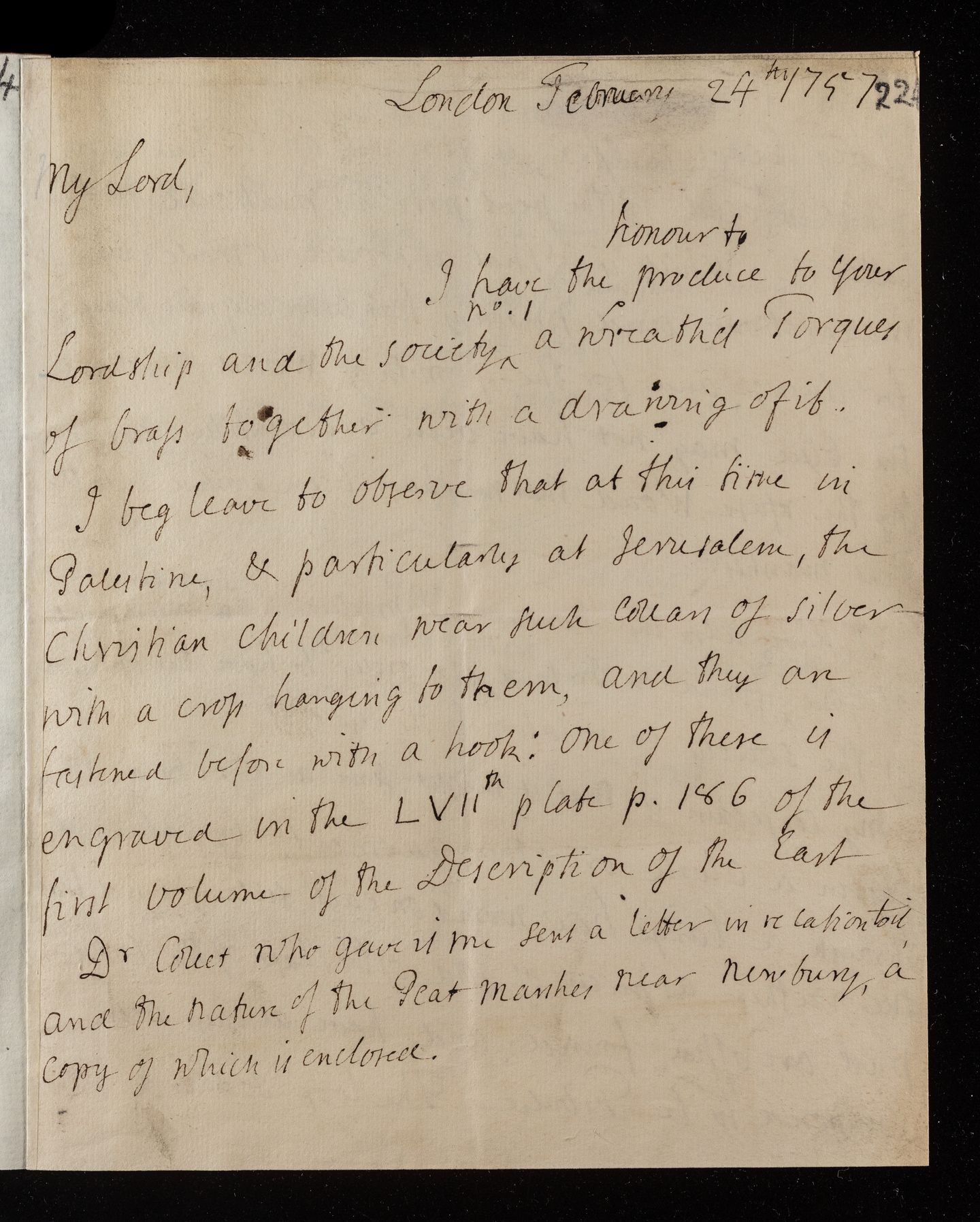 Letter, 'Of a wreathed torque of brass shown to the Society on 24 ...