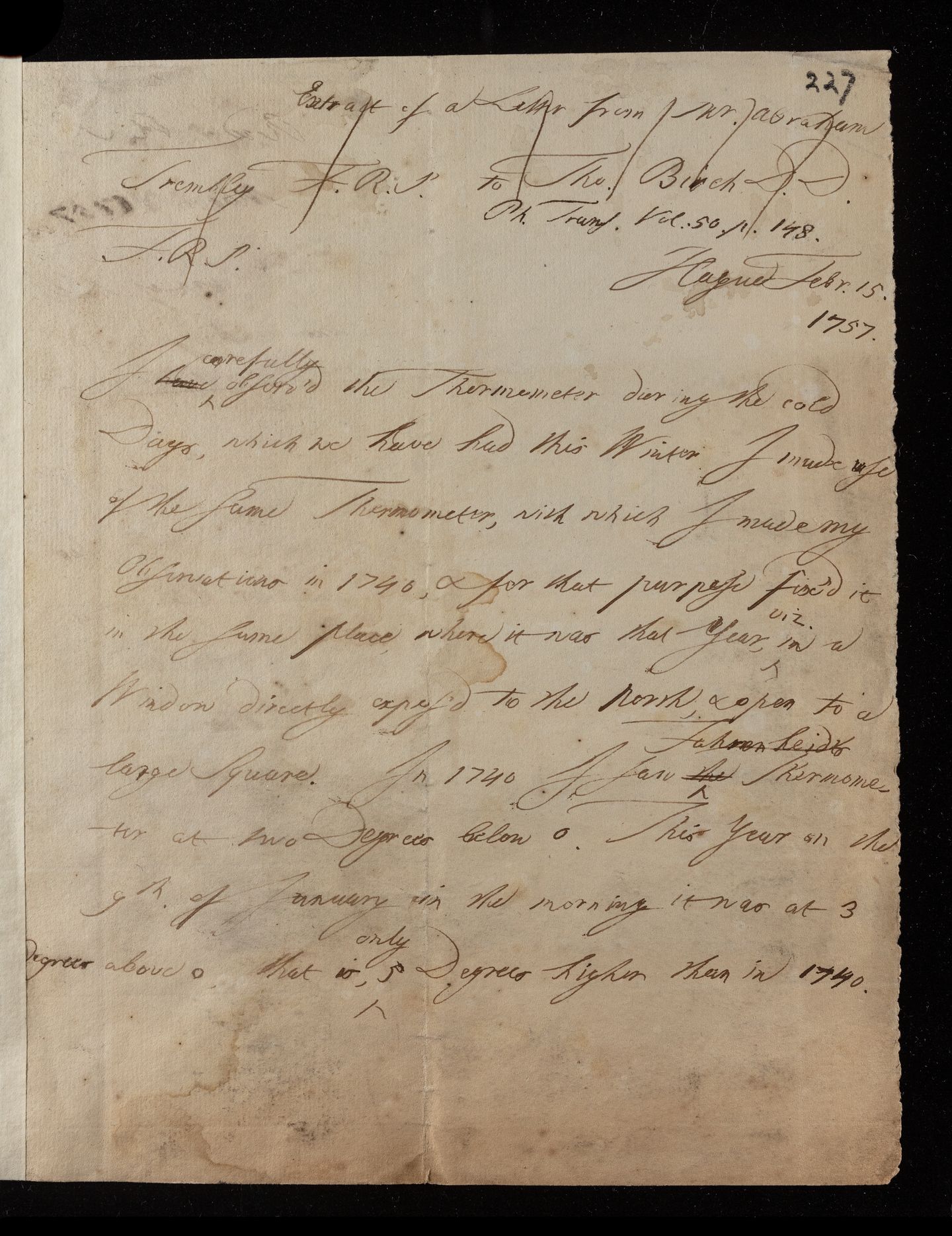 Letter, 'The thermometer reading at the Hague on 9 Jan 1757' from ...