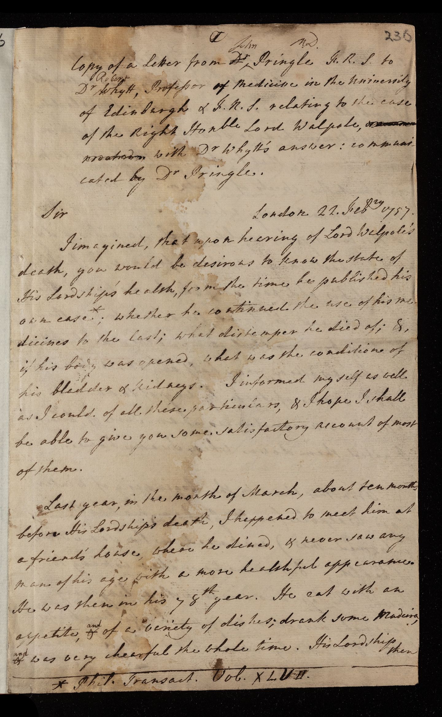 Letter, 'Of Lord Walpoles' death' from John Pringle to Robert Whytt ...