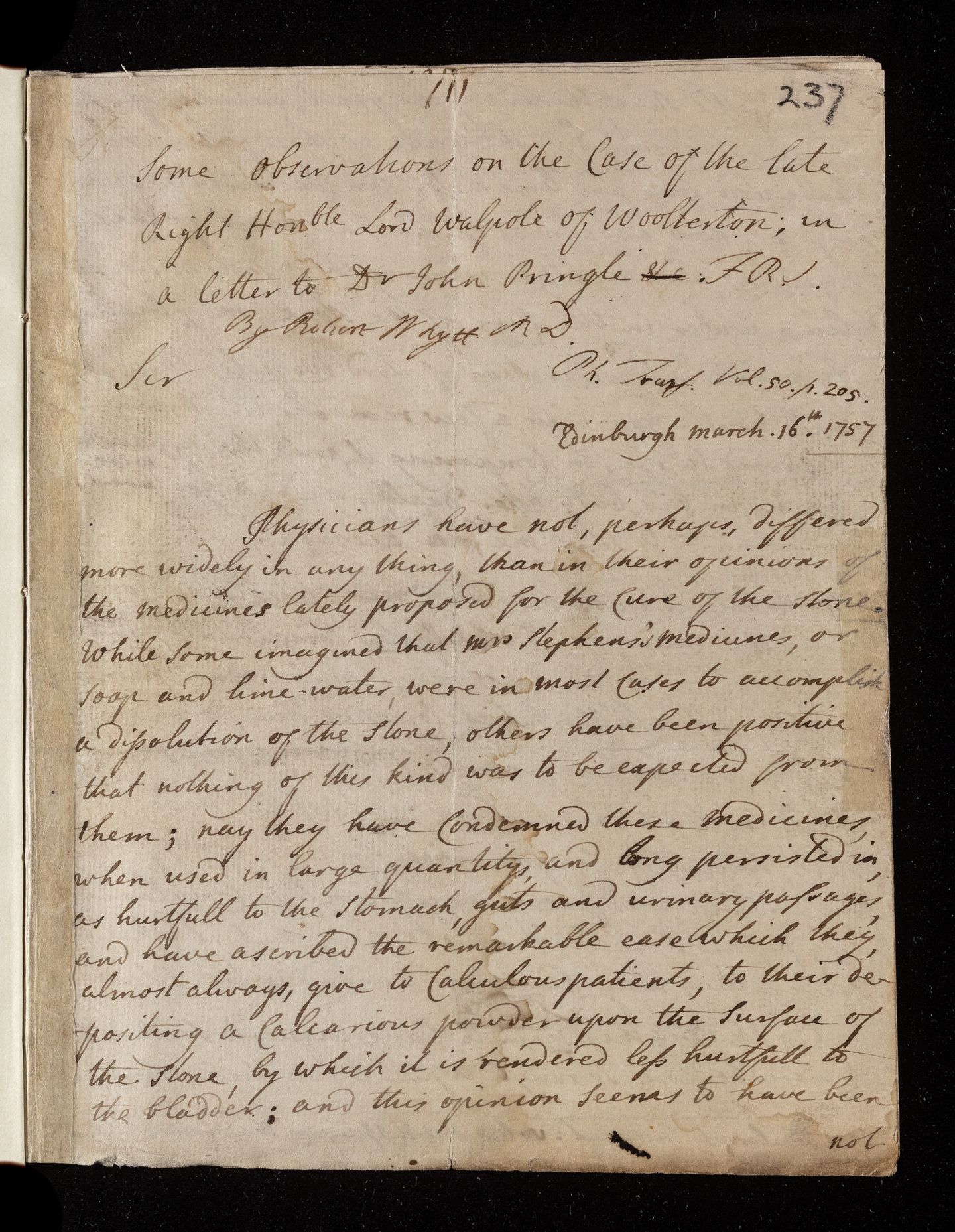 Letter, 'In answer to Pringle's letter' from Robert Whytt to John ...