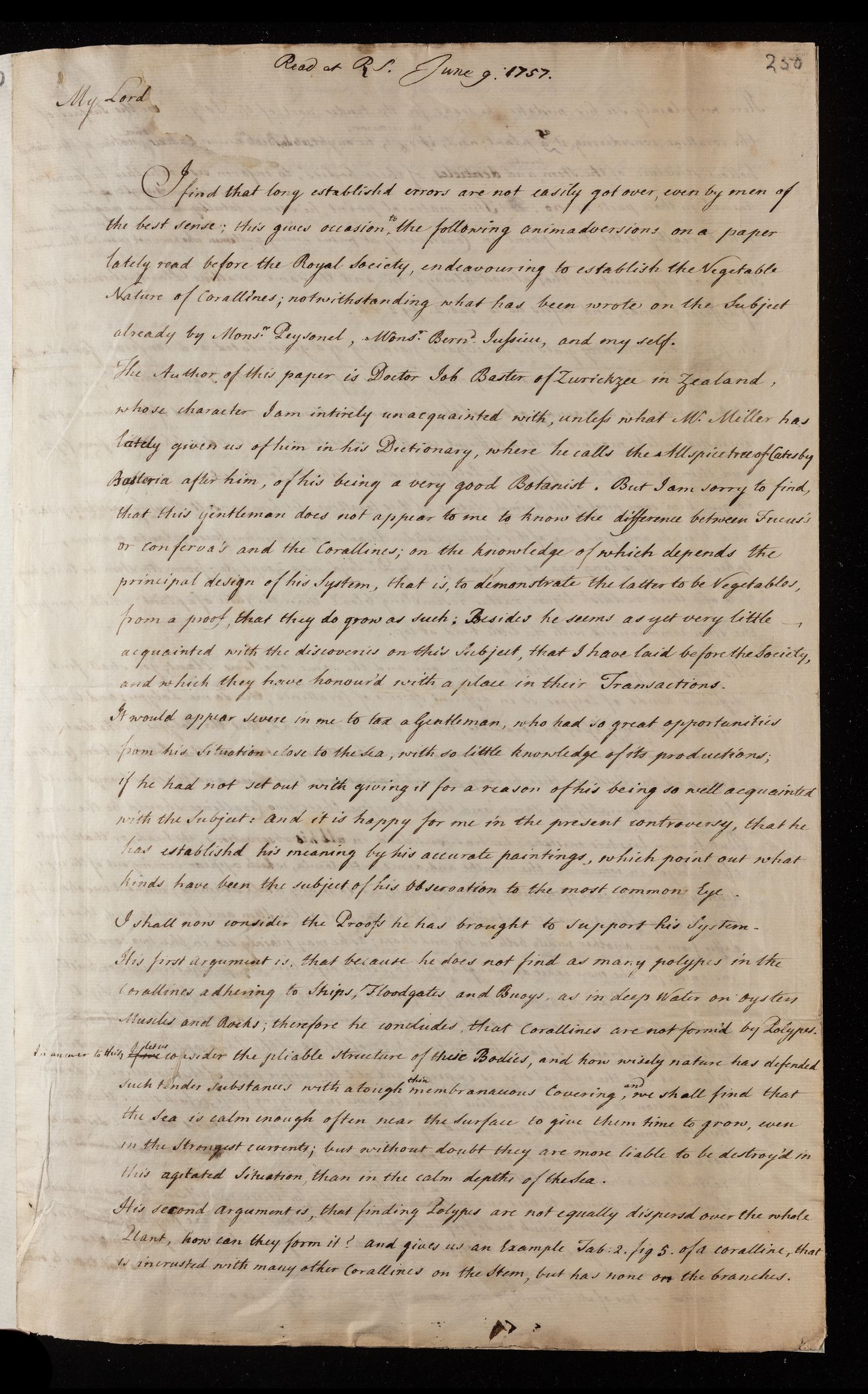 Letter, 'On Dr Job Baster's 'Observationes de Corallinis'' from John ...