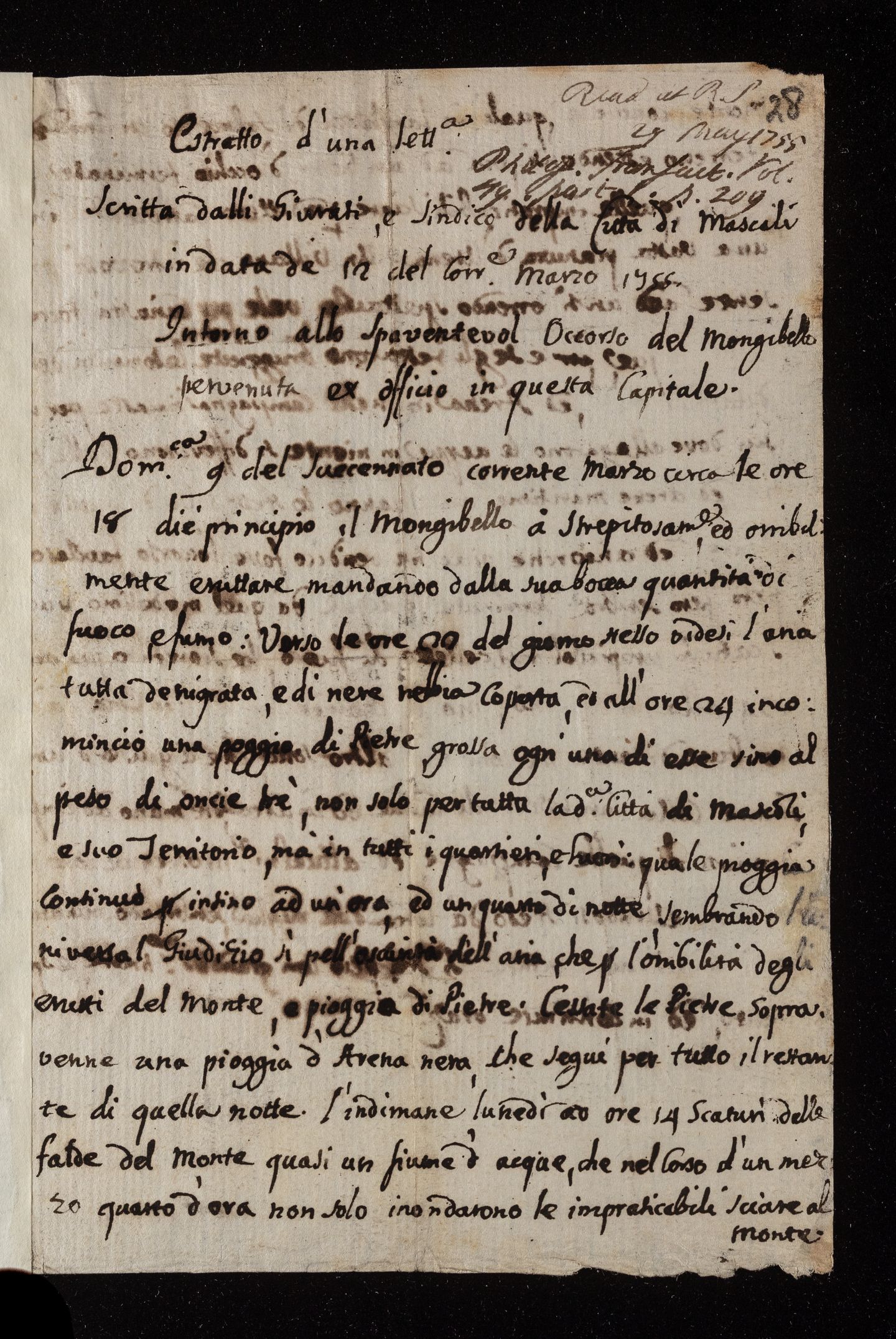 Paper, 'Of a late eruption on Mount Aetna' from the Magistracy of ...