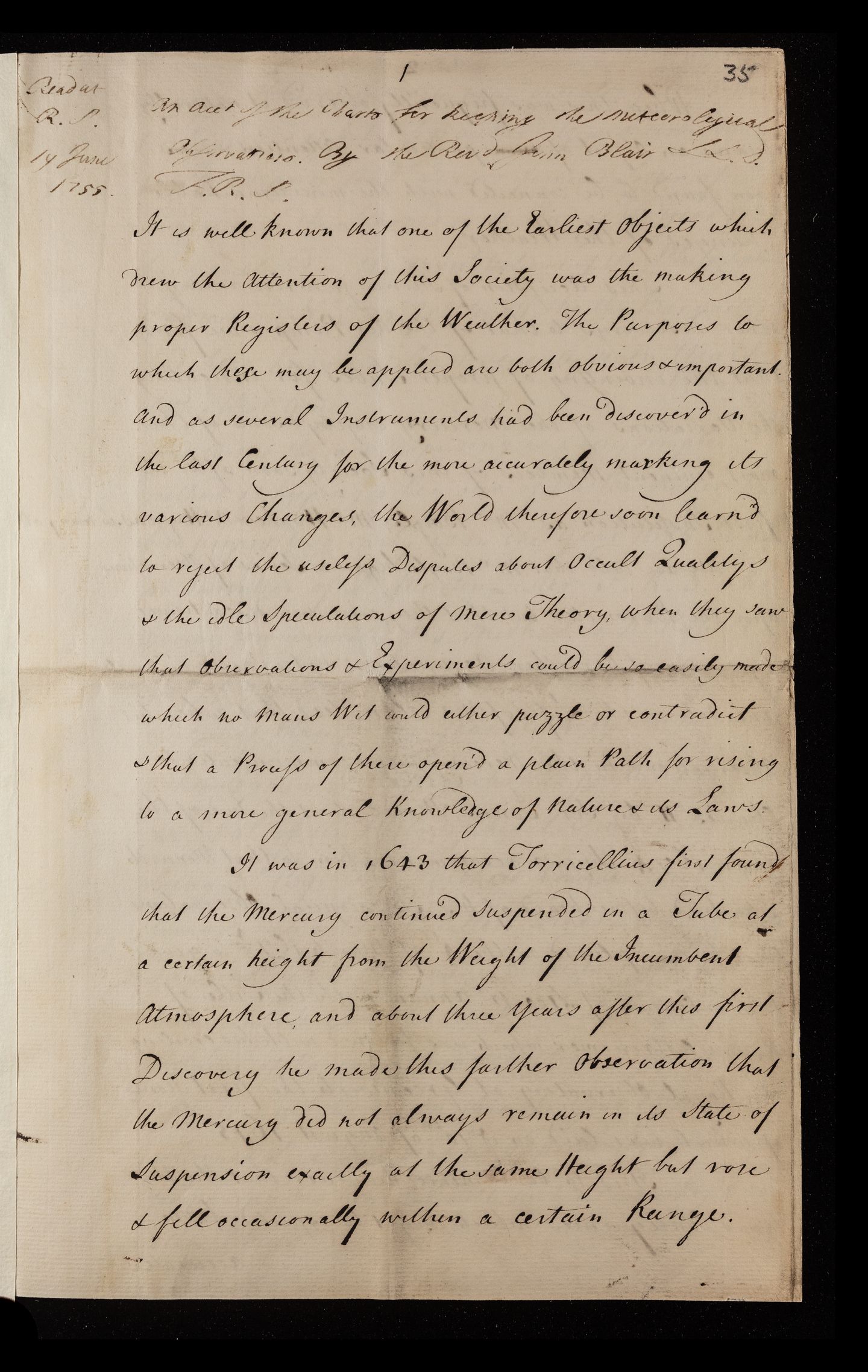 Paper, 'Account of the charts for keeping meteorological observations ...