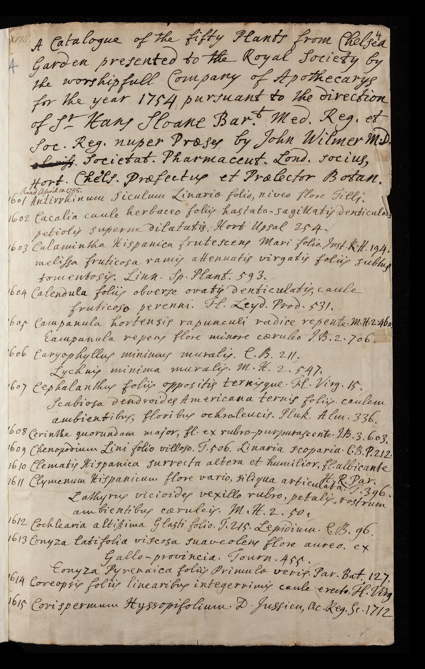 Paper, 'List of 50 plants from Chelsea Garden, for 1754, nos. 1601 to ...