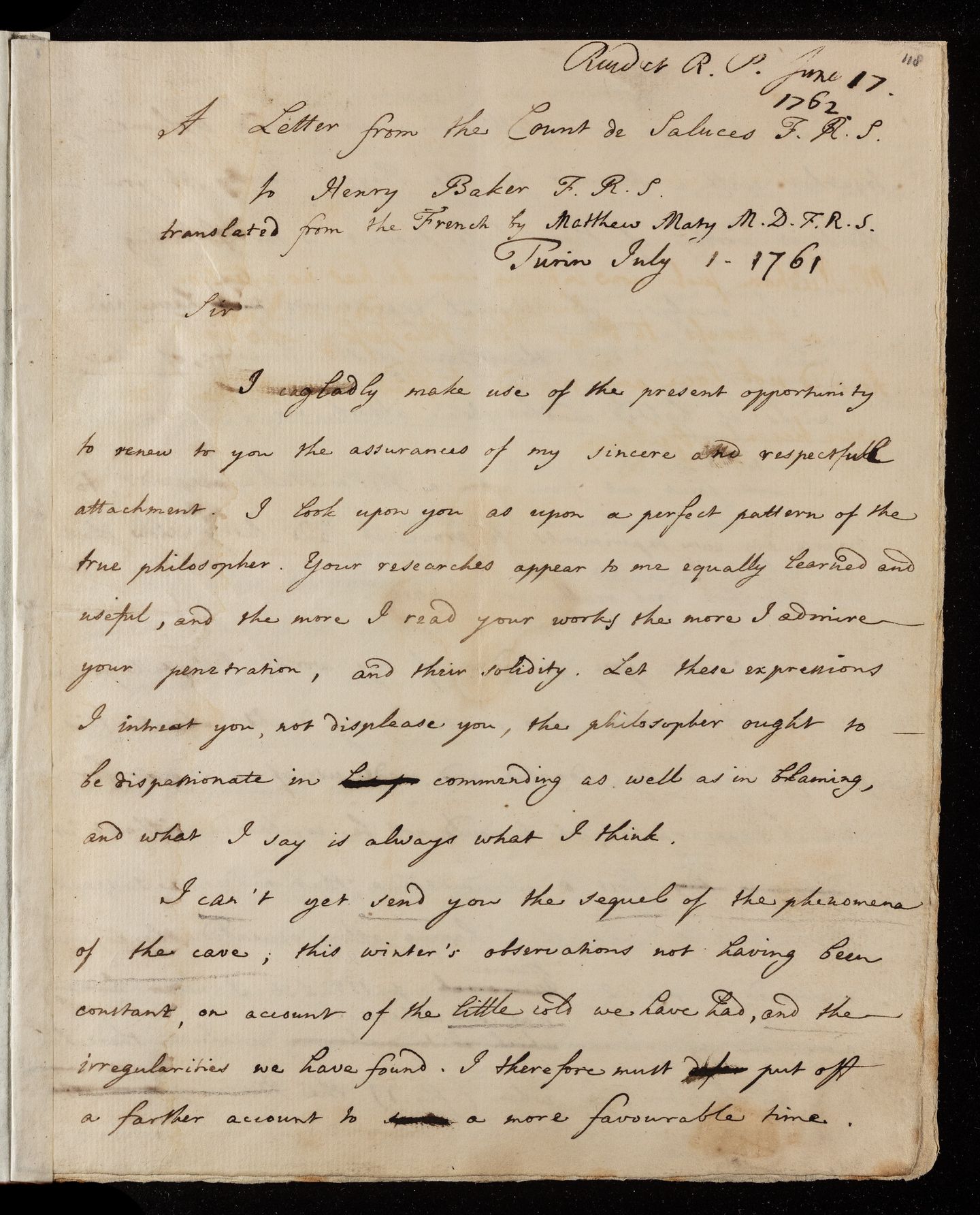 Letter, 'Of experiments on absorption of air in burning' from Comte de ...