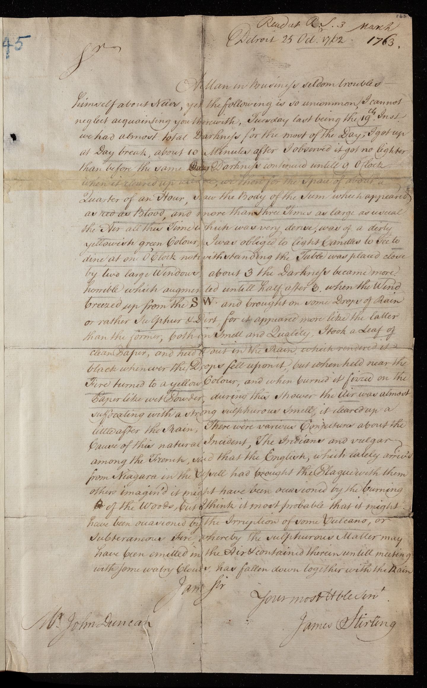 Letter, 'Of a remarkable darkness on 19 October' from James Stirling to ...