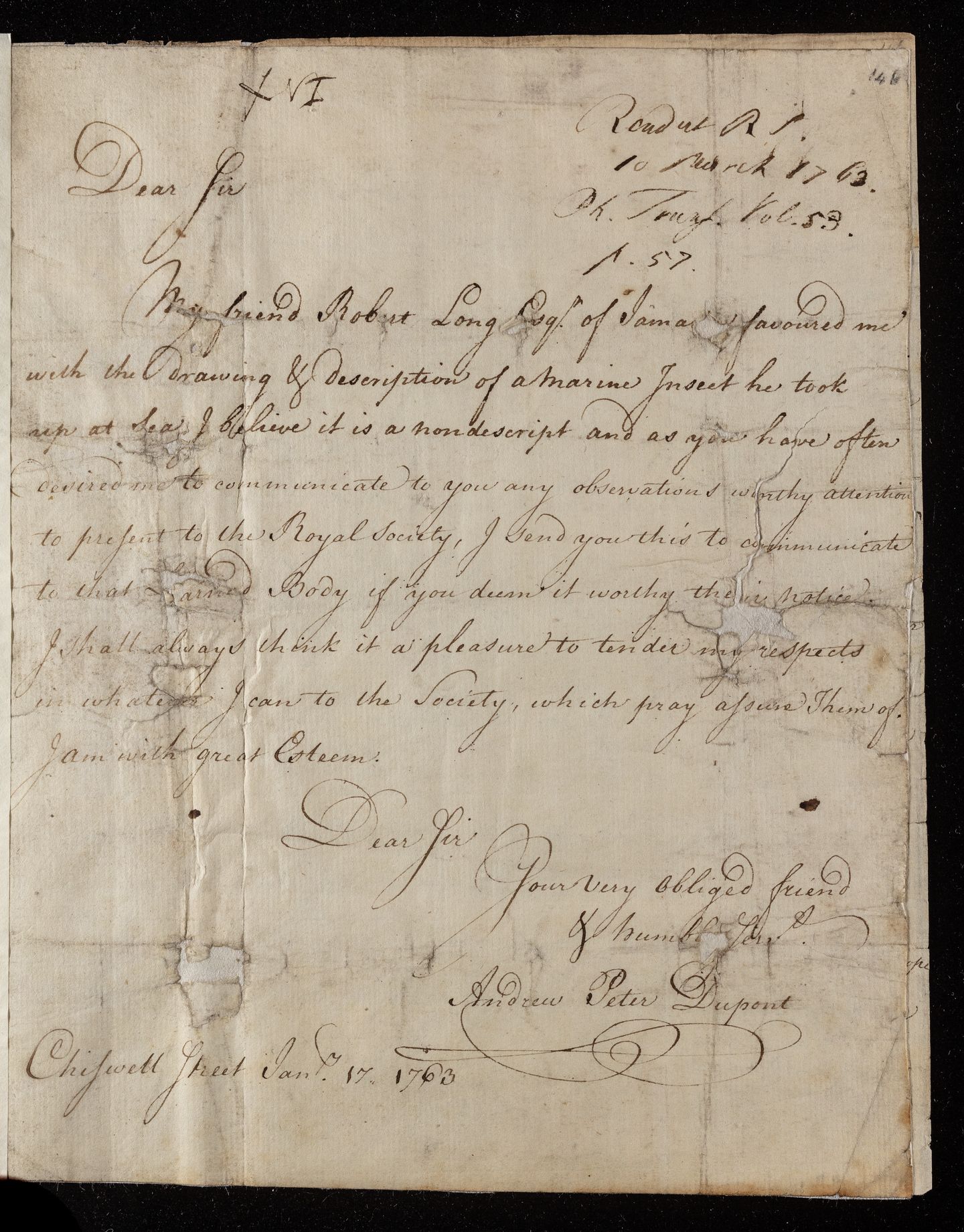 Letter, 'Of a marine insect' from Andrew Peter Dupont to Emanuel Mendez ...