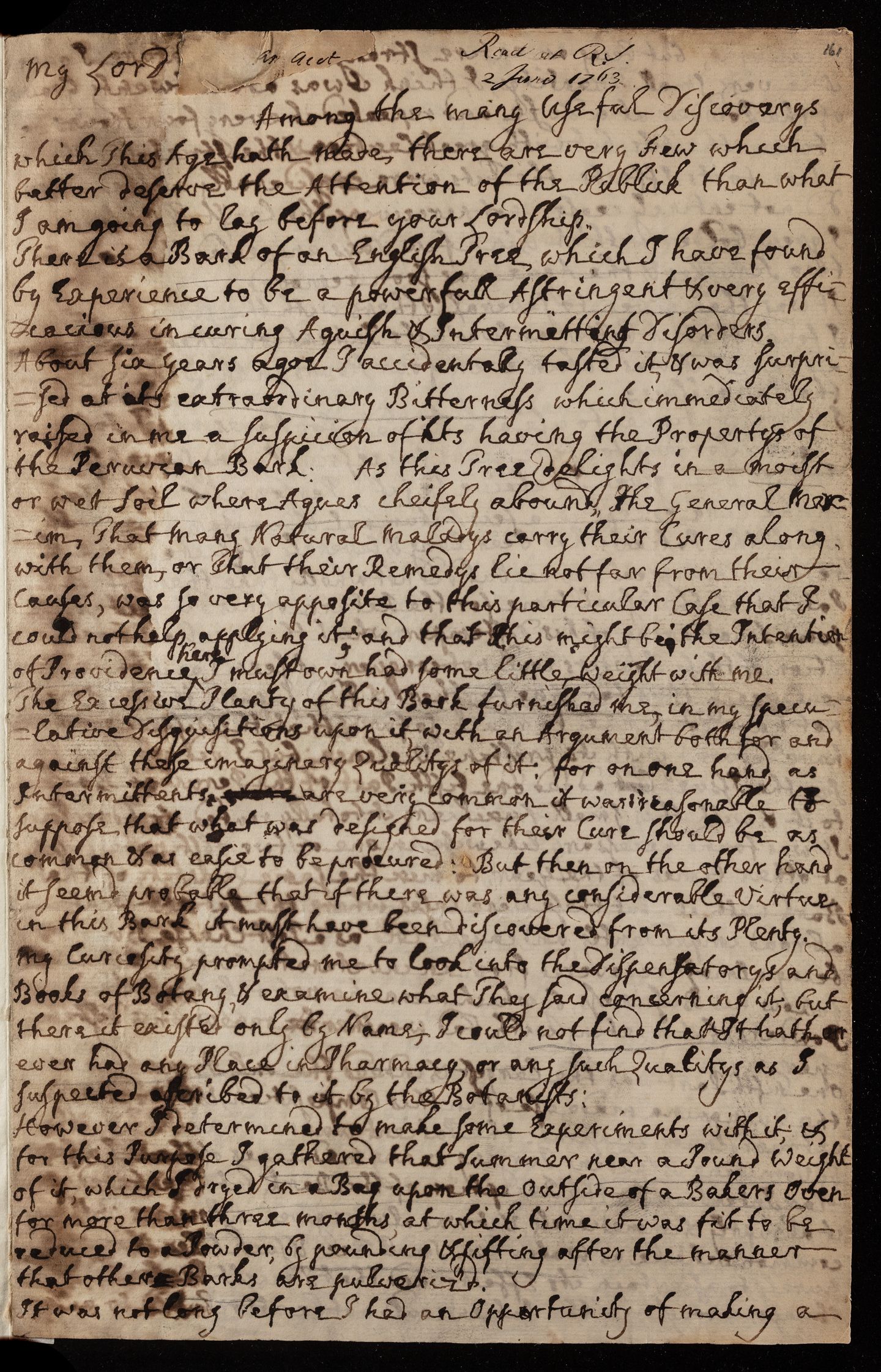 Letter, 'Of willow-bark in ague' from Edward Stone to George Parker ...