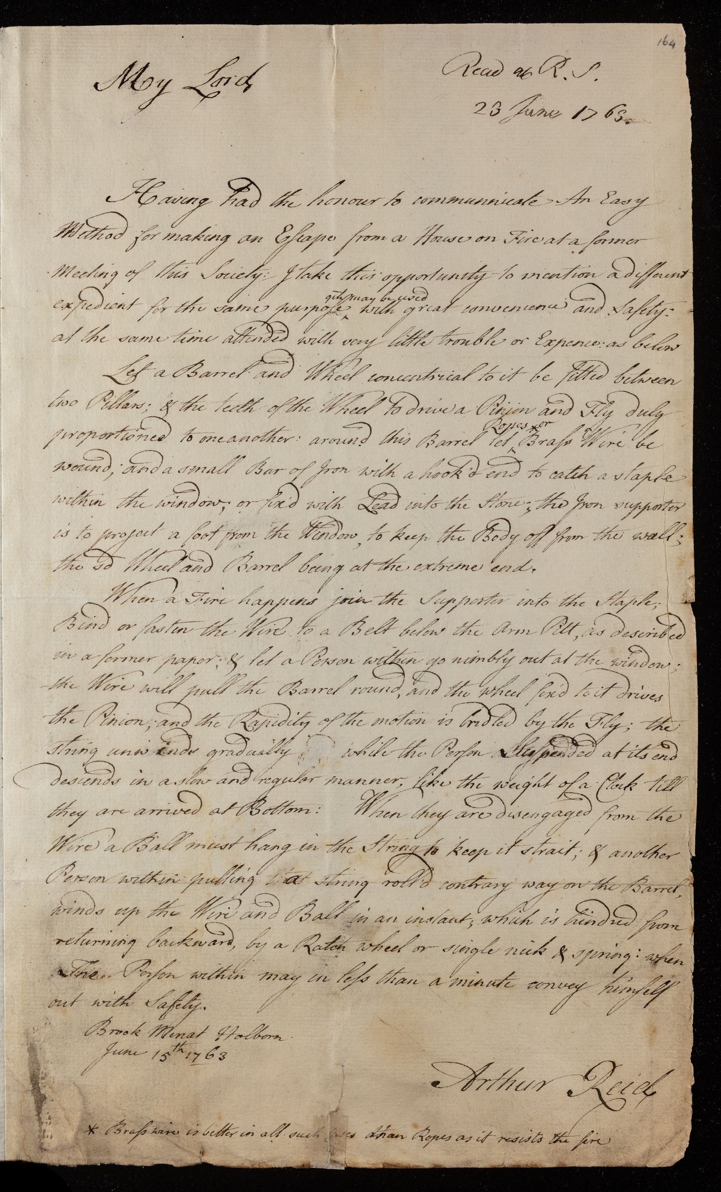 Letter, 'Of a fire escape' from Arthur Reid to the Royal Society | The ...