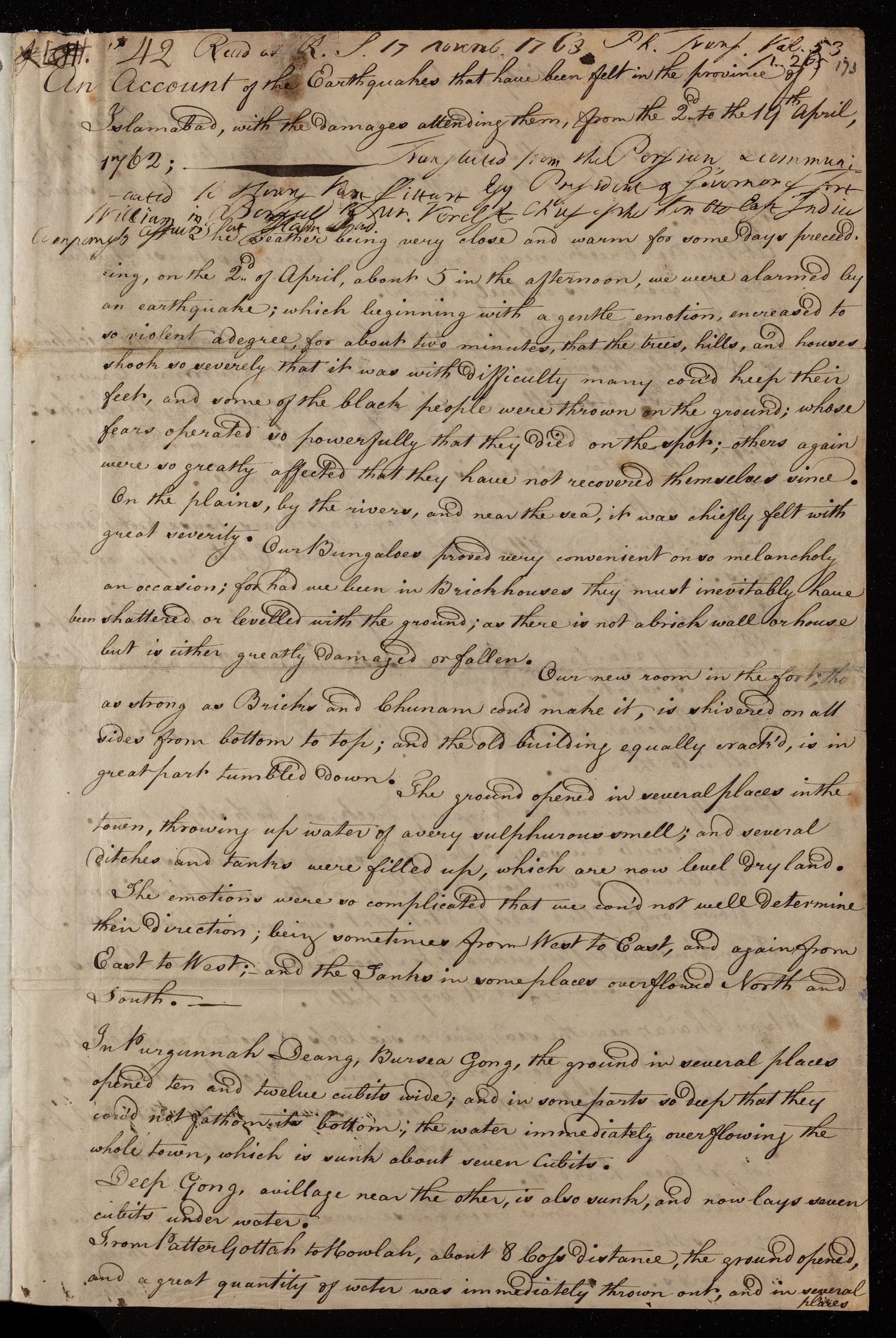 Letter, 'Of earthquakes' from Edward Gulston to John Carnac [Copy ...