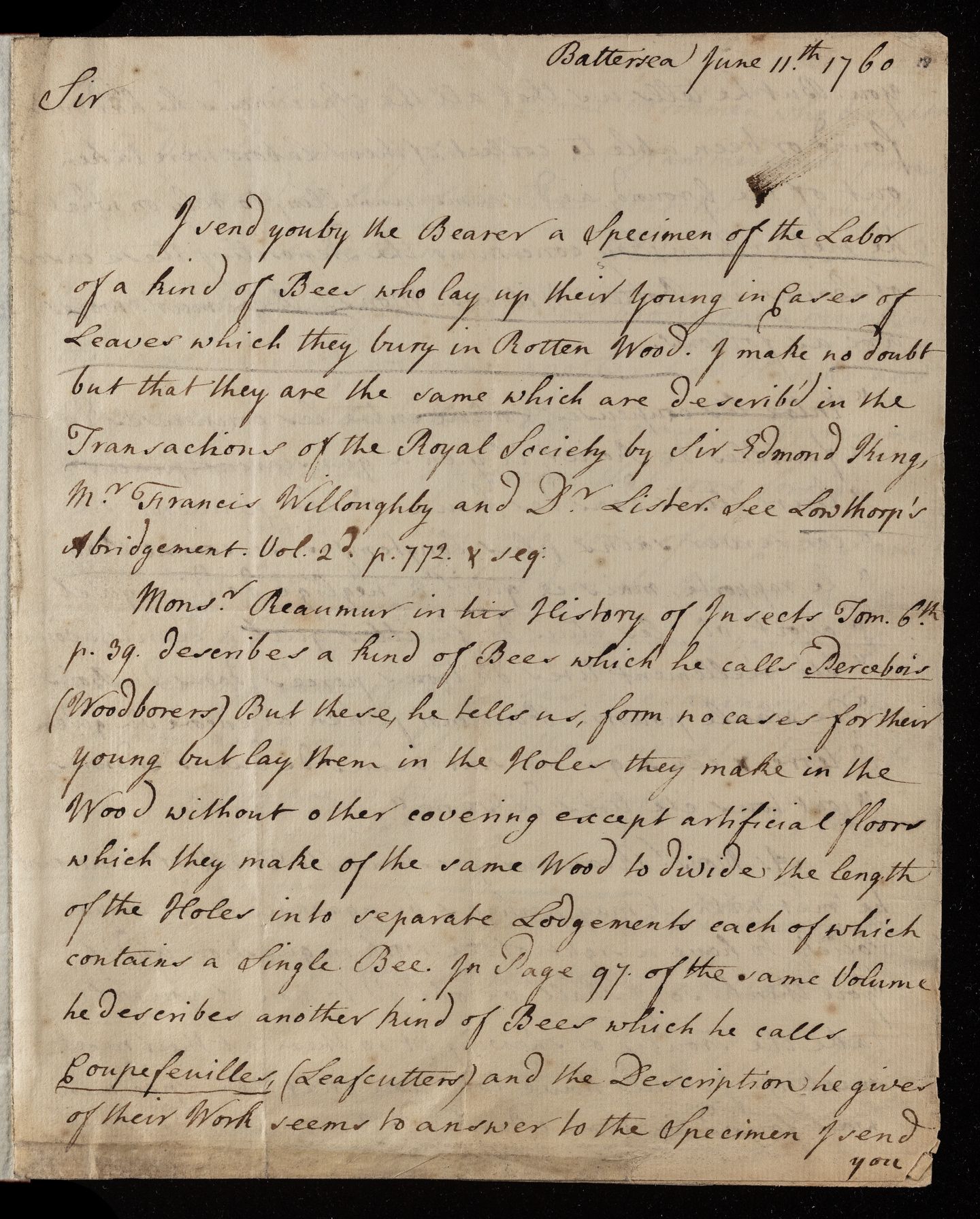 Letter, 'Of the labour of certain bees' from Francis Haskins Eyles ...