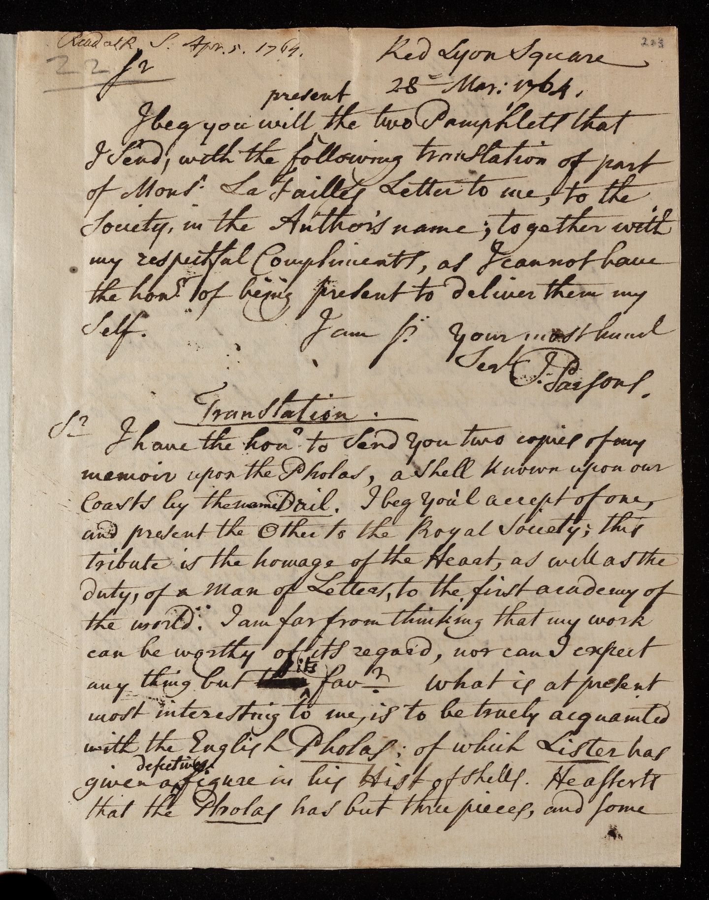 Paper, 'Of pholas' by La Faille | The Royal Society: Science in the Making