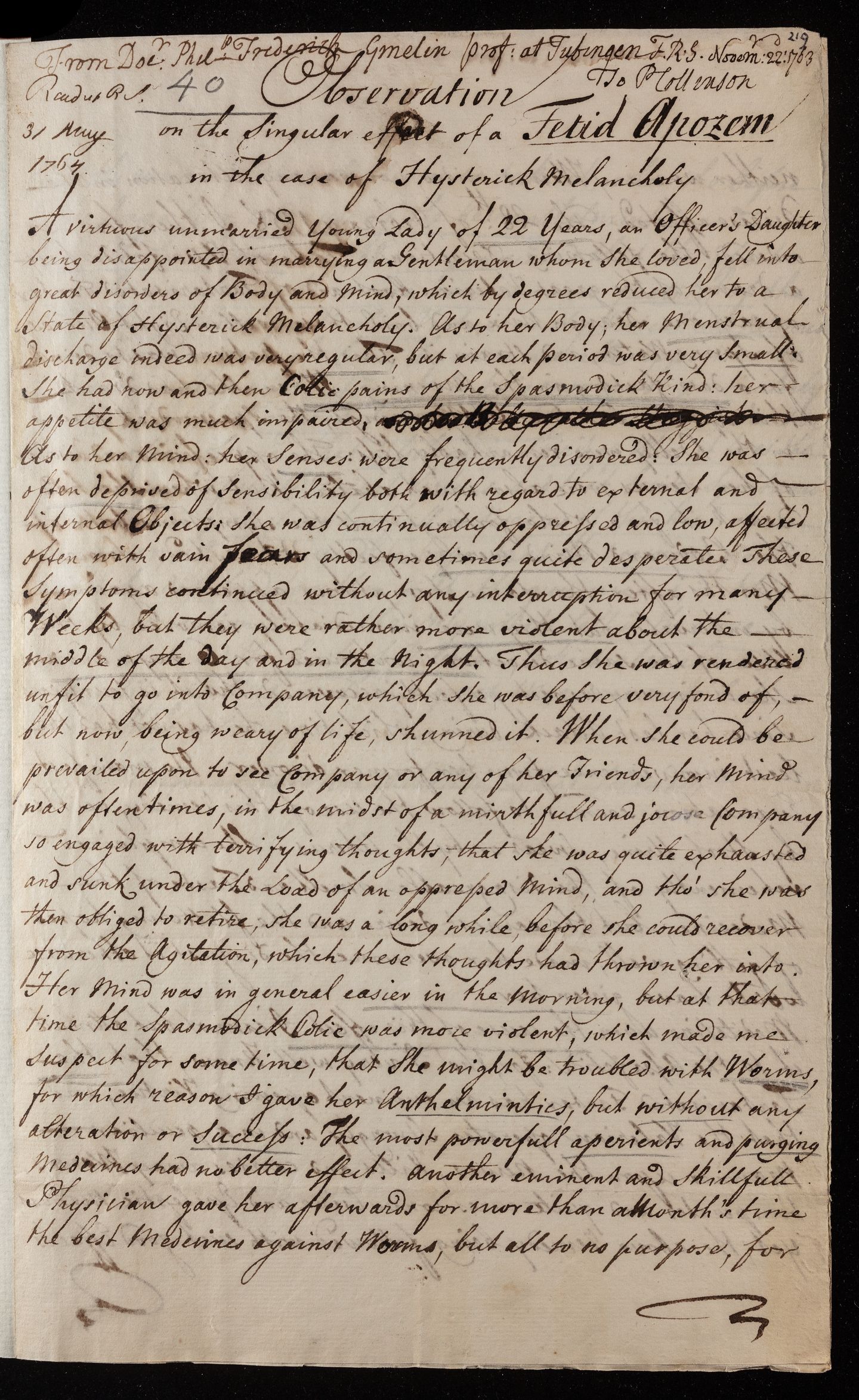 Paper, 'Of the singular effect of a foetid spozem in hysterick ...