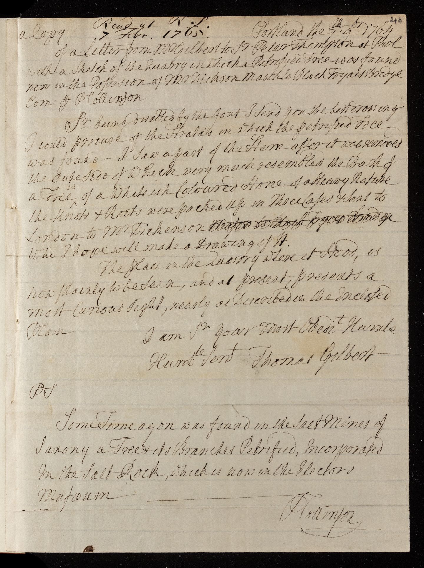 Letter, 'A petrified tree from a quarry at Portland' from Thomas ...