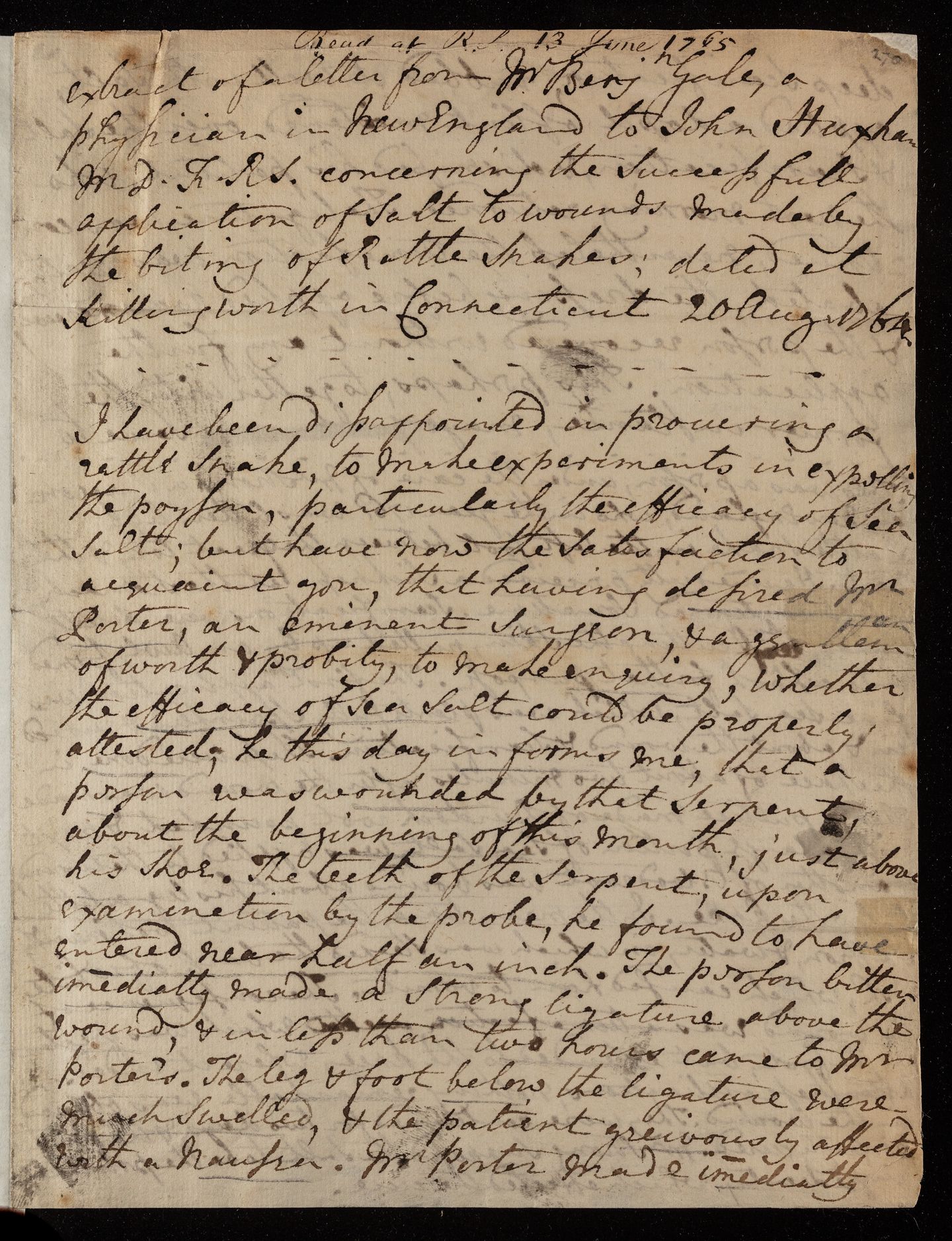 Letter, 'On the treatment of snake-bite with salt' from Benjamin Gale ...