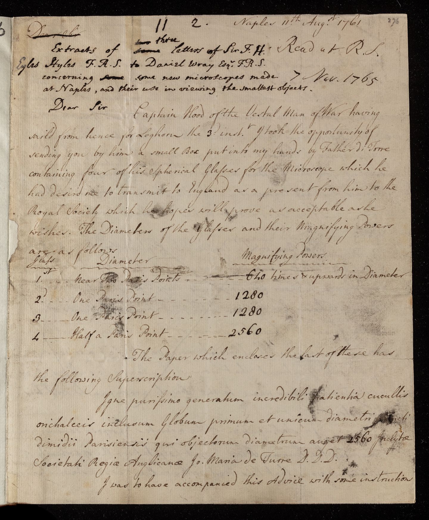 Letter, 'Of new glasses for microscopes made at Naples by de Torre ...