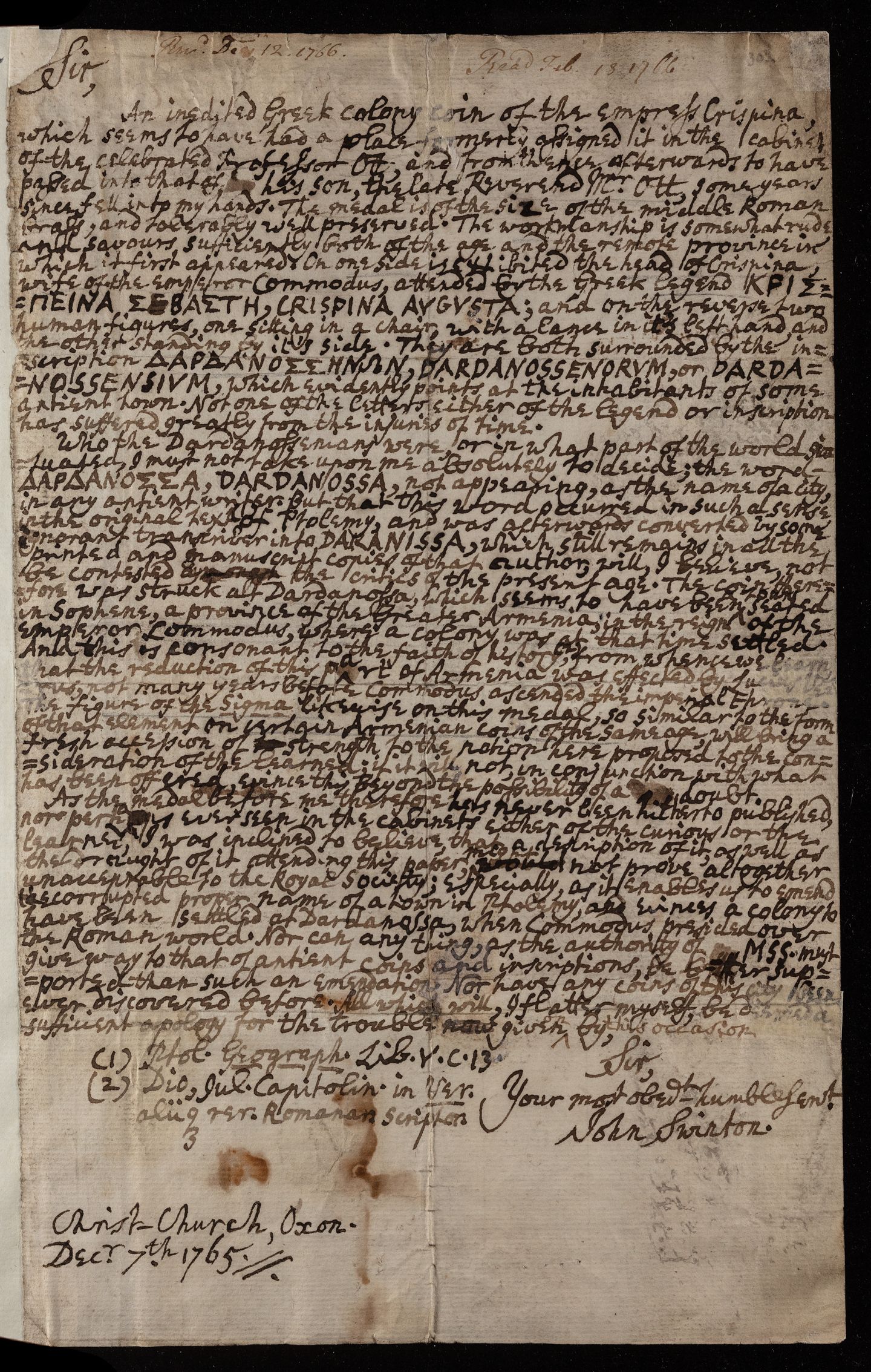 Letter, 'Of an inedited Greek coin [colony]' from John Swinton to ...