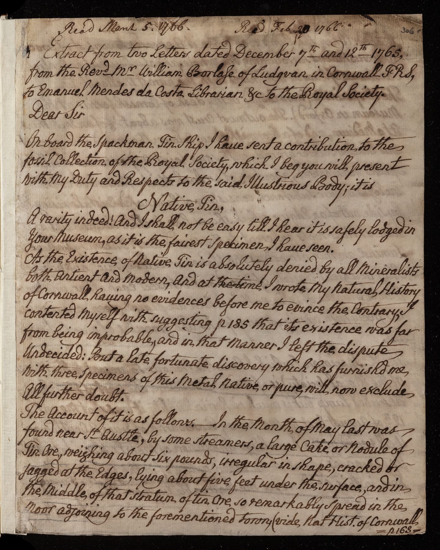 Letter, 'Of native tin' from William Borlase to Edward Mendez da Costa ...