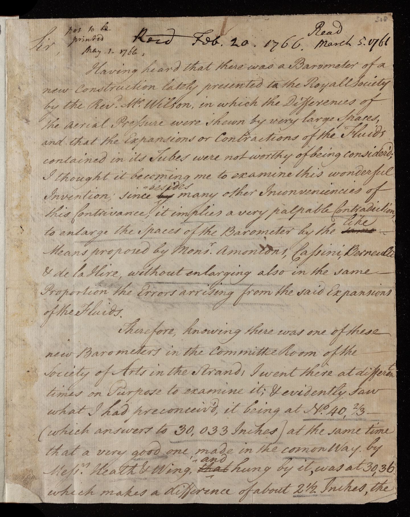 Letter, 'Of a new barometer' from Henry Pyefinch to Thomas Birch | The ...
