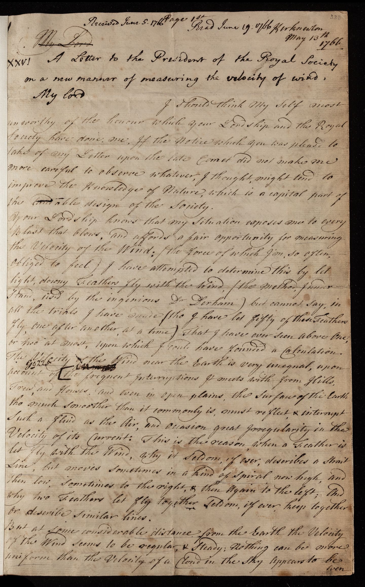 Letter, 'Of measuring the velocity of the wind' from Alexander Bryce to ...