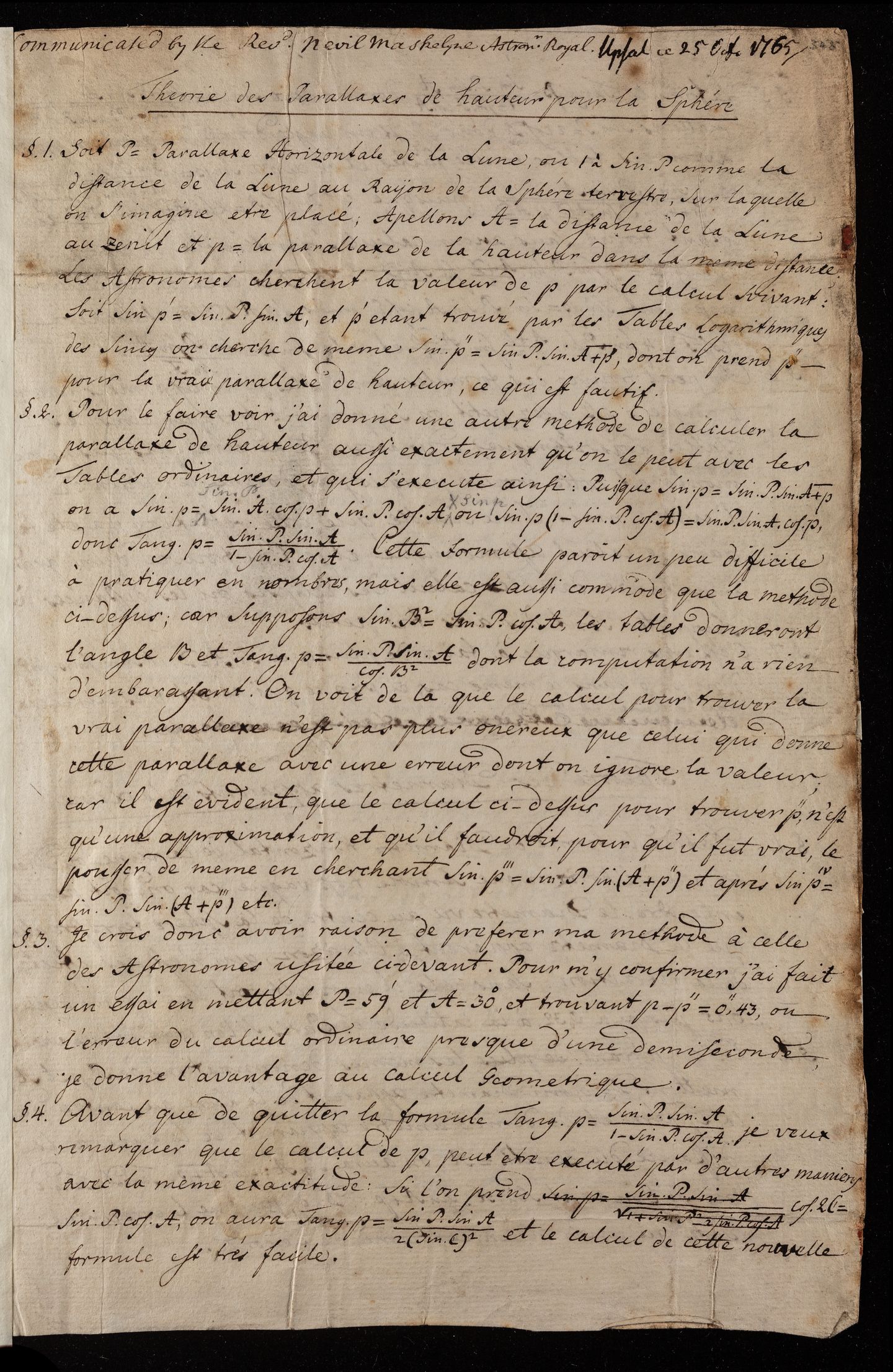 Letter, 'Theory of the parallaxes of the altitude of the sphere' from ...