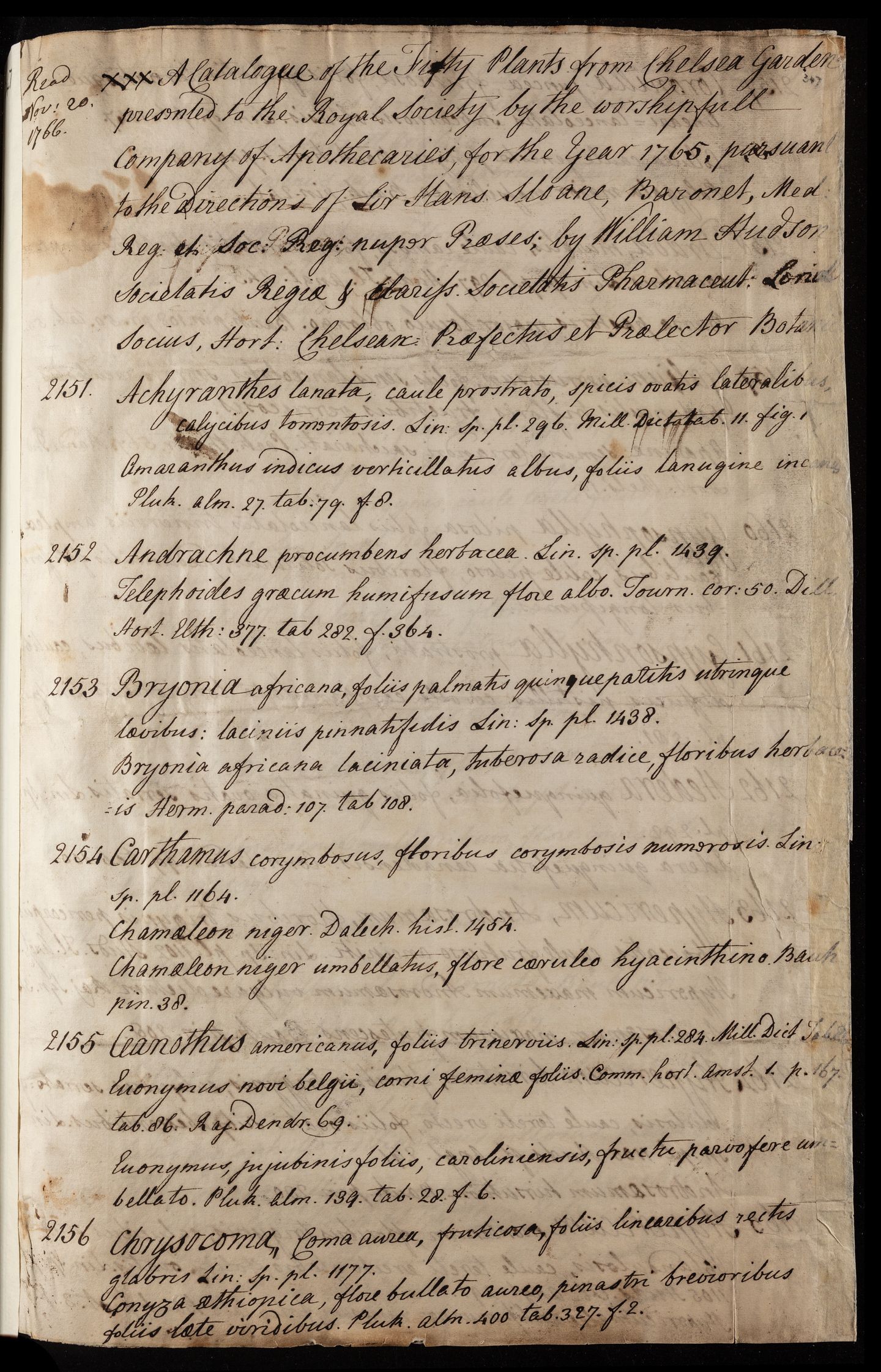 Paper, 'Catalogue of the fifty plants for 1765 from the Chelsea Garden ...