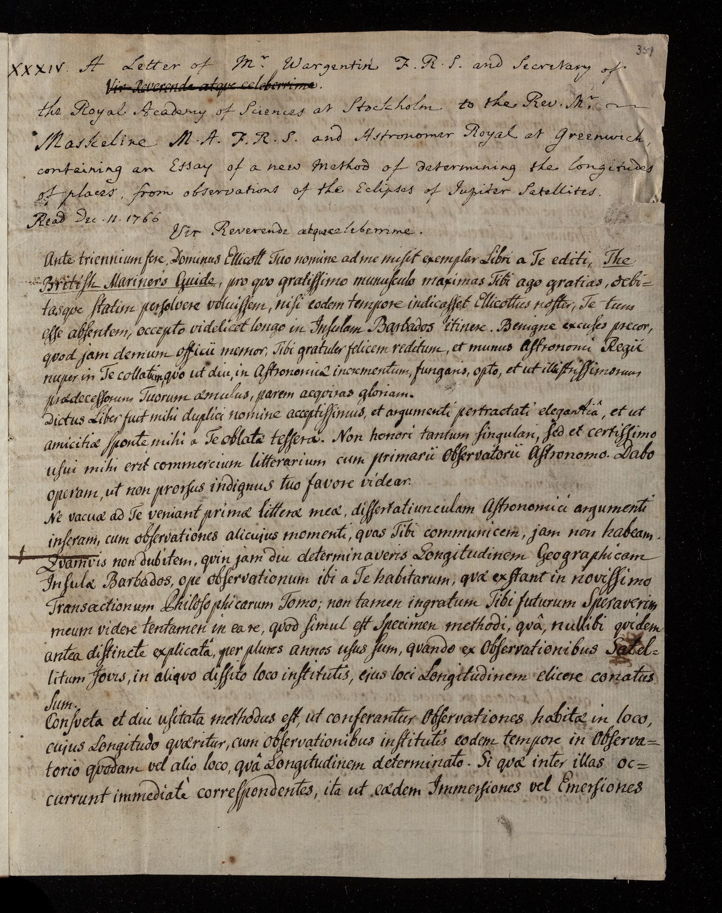 Letter, 'Of a new method of determining longitudes of places from ...