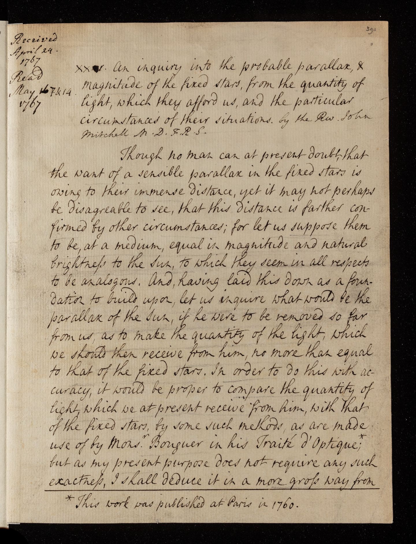 Paper, 'The parallax and magnitude of fixed stars calculated from the ...