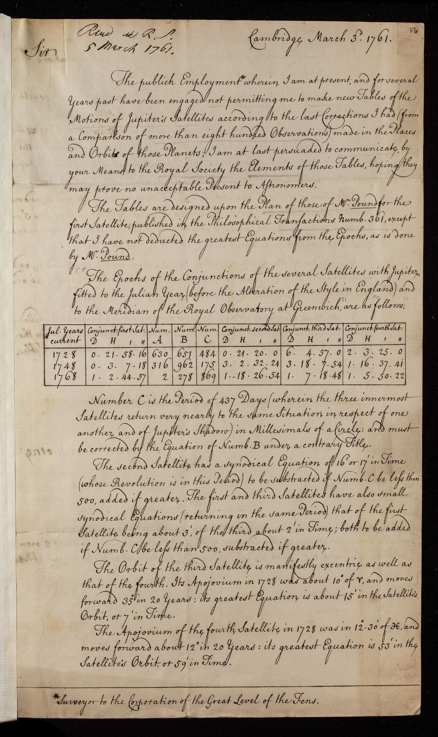 Letter, 'Observations of Jupiter's satellites' from Richard Dunthorne ...