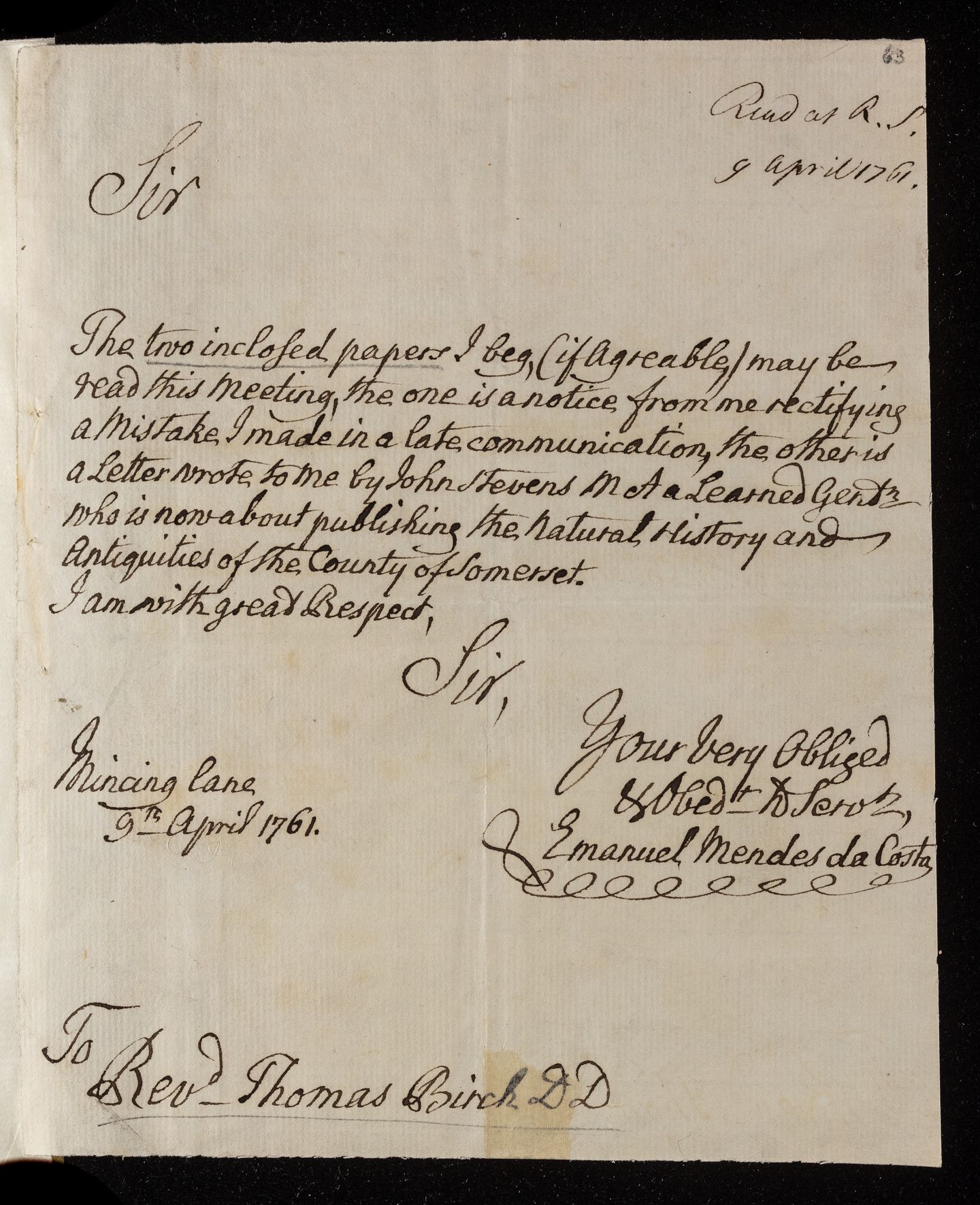Letter, 'Of an uncommon phenomenon; a correction' from John Stevens to ...