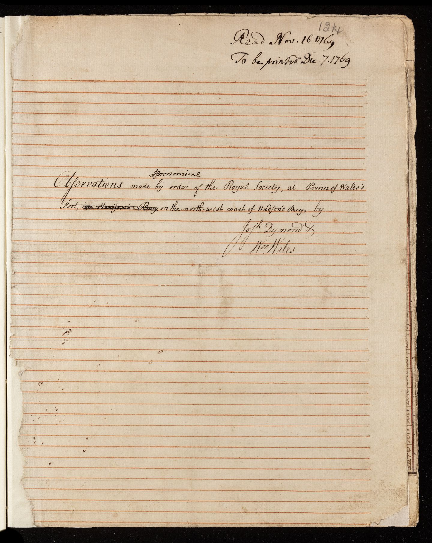 Paper, 'Astronomical observations made for the Royal Society at Prince ...