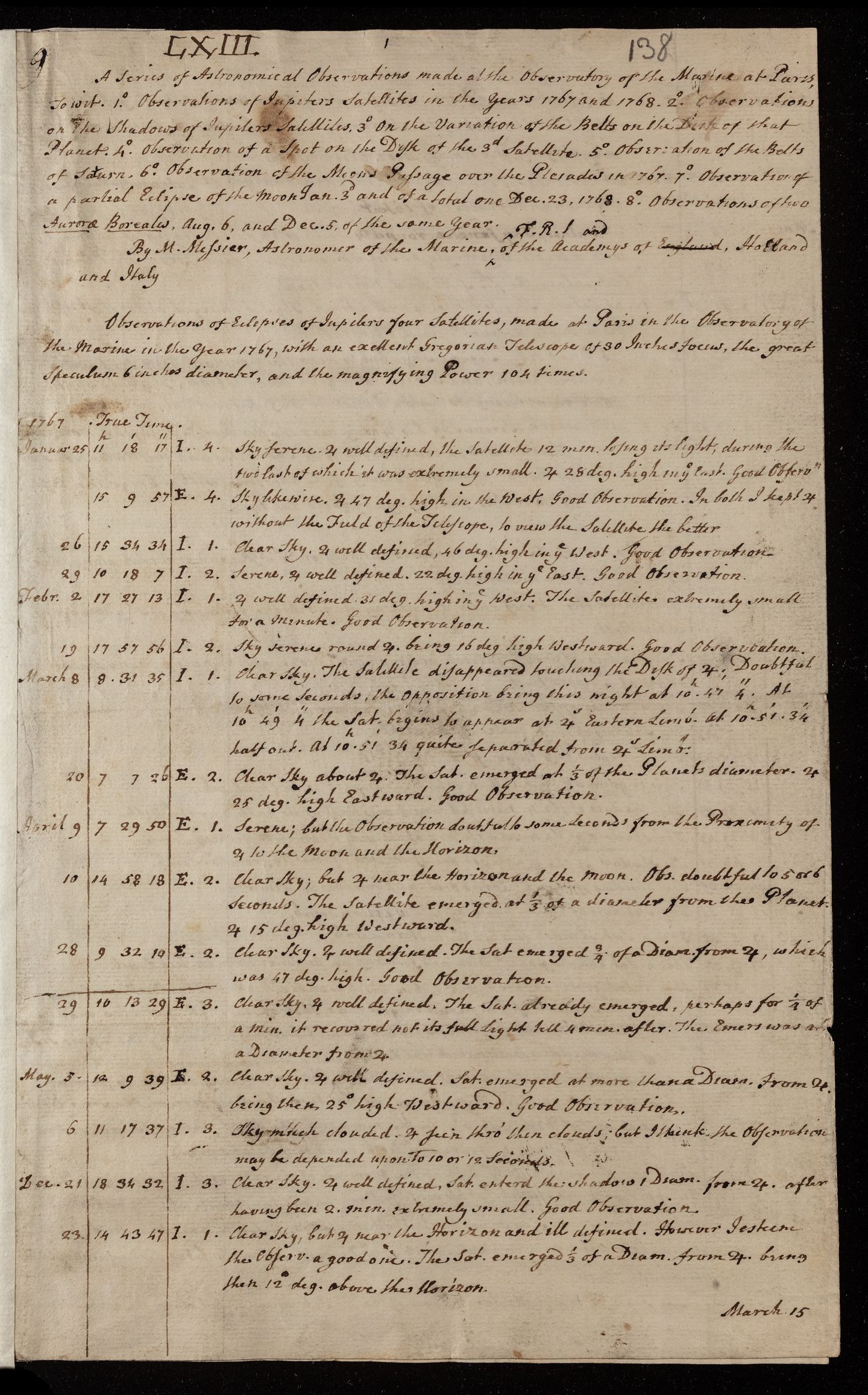 Paper, 'Astronomical observations for 1767' by Charles Messier | The ...